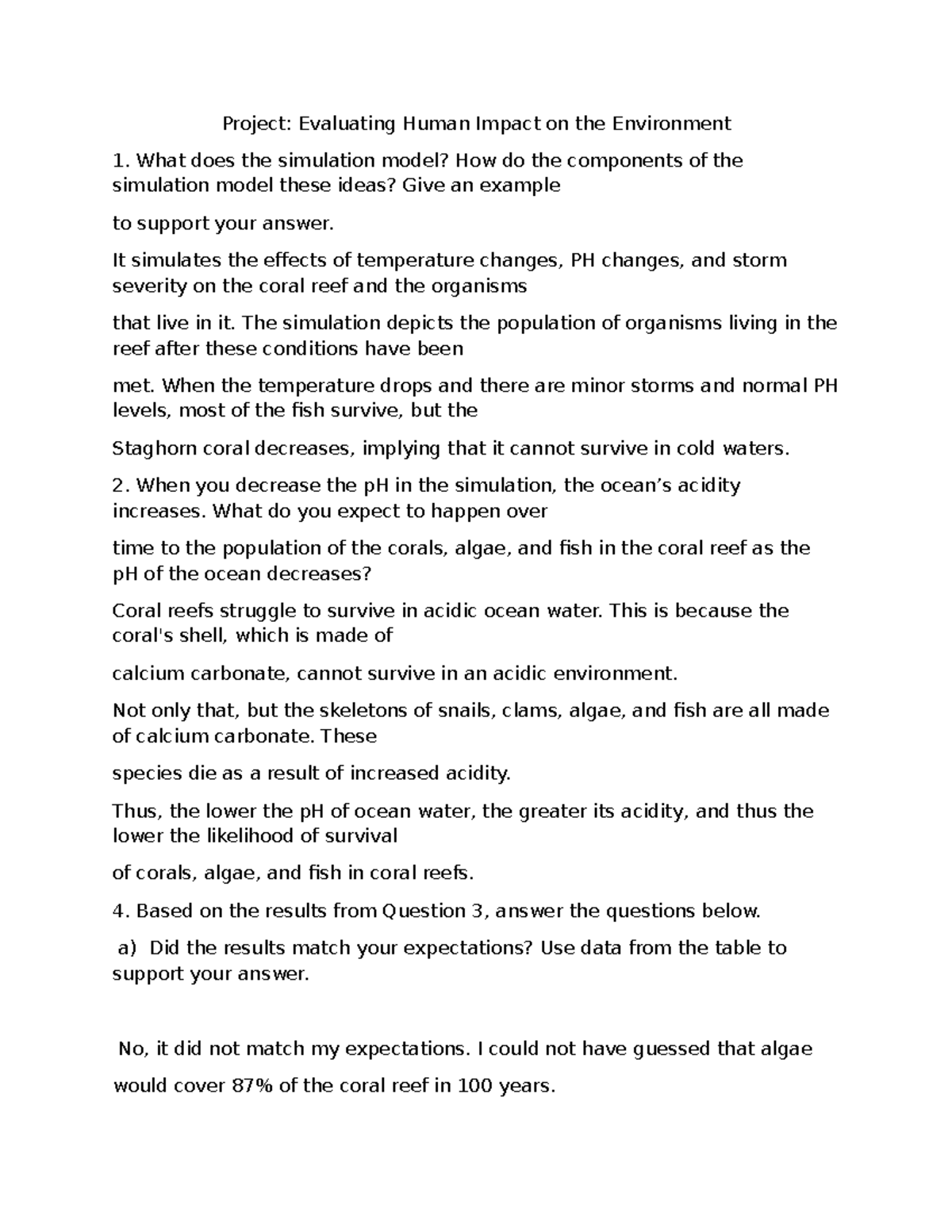 ENV 201 Project: Evaluating Human Impact on Coral Reef Ecosystem - Studocu
