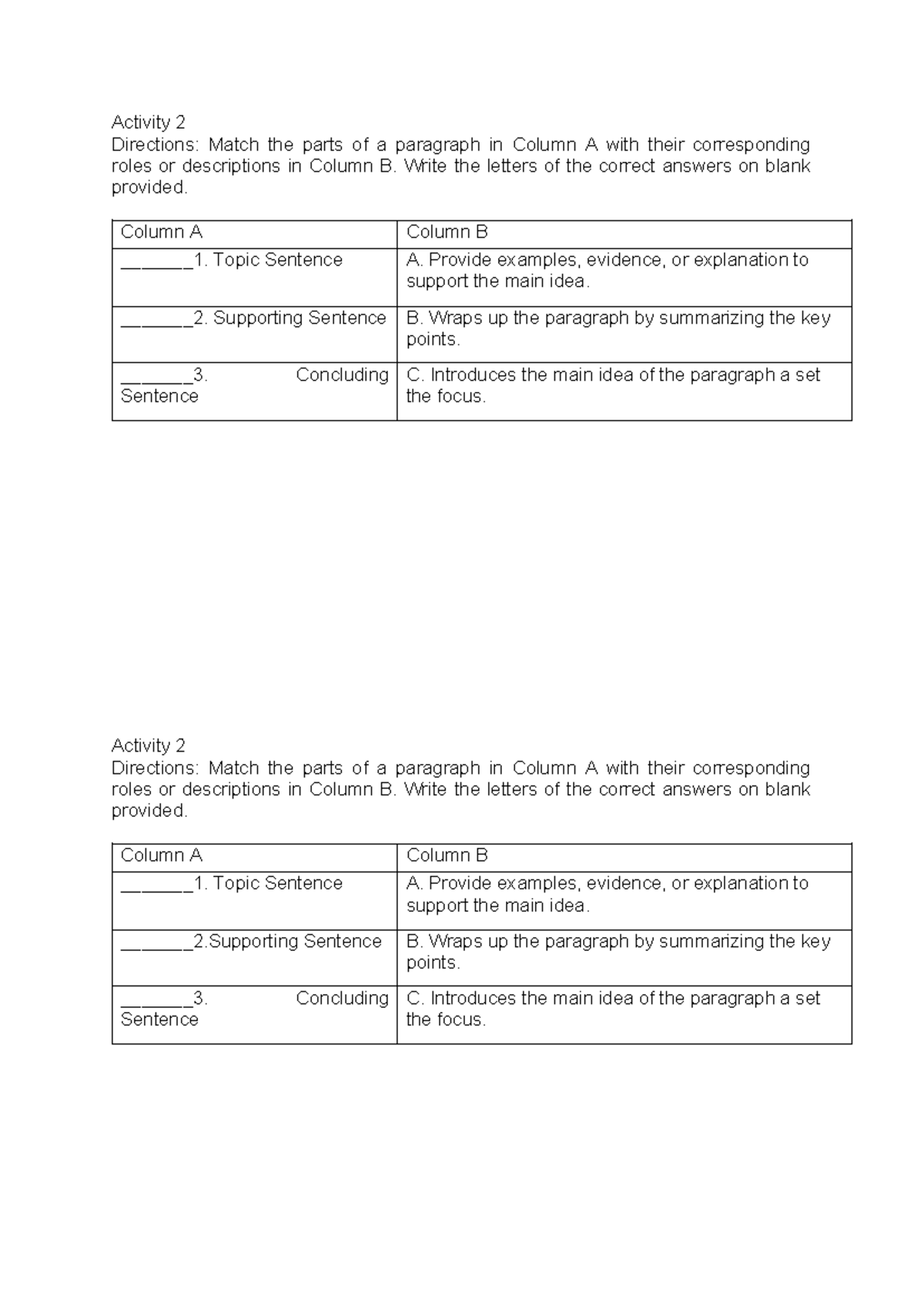 Activity 2 continiation activity - Activity 2 Directions: Match the ...