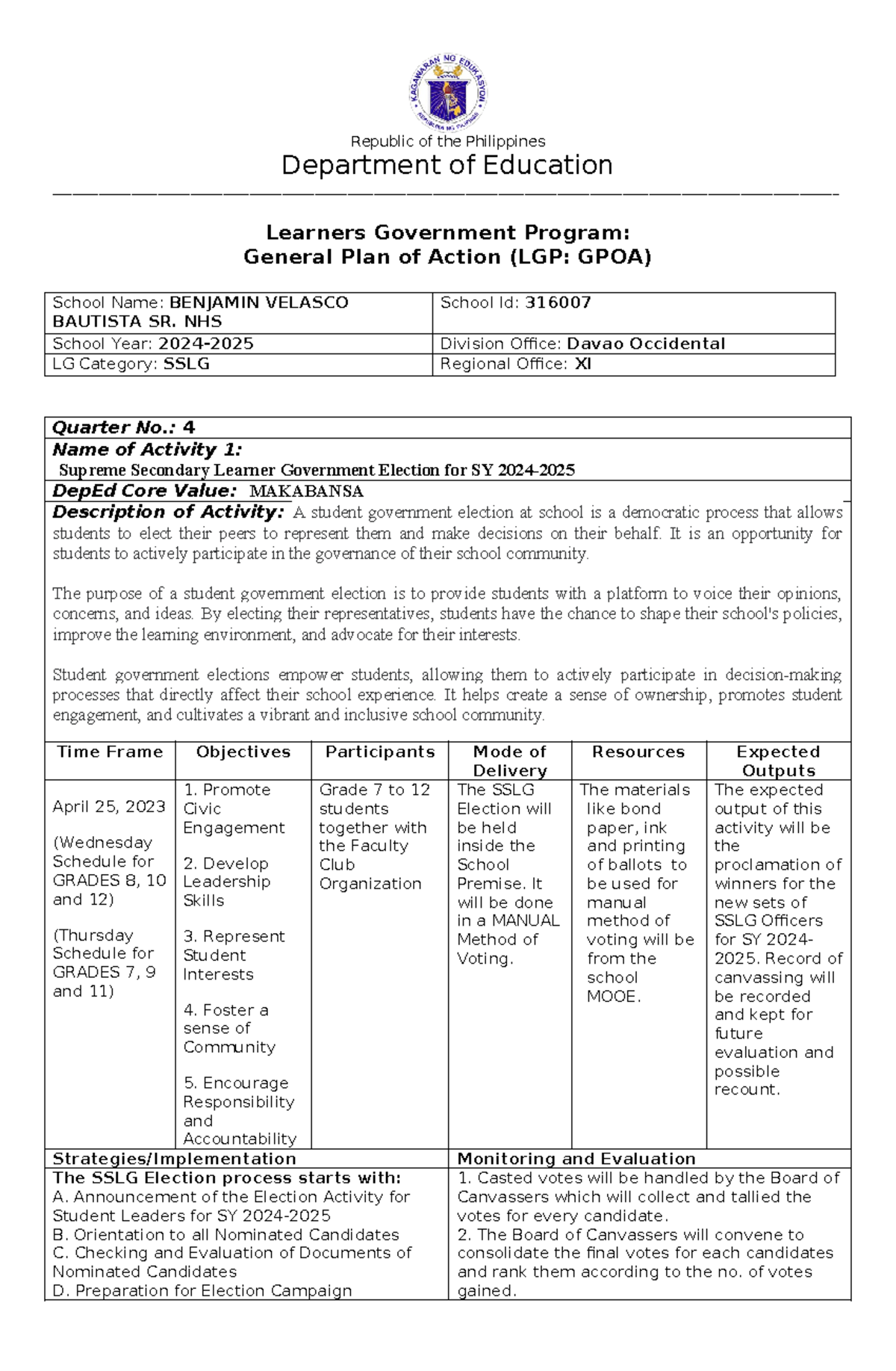 LGP GPOA: Student Government Election Plan for SY 2024-2025 - Studocu
