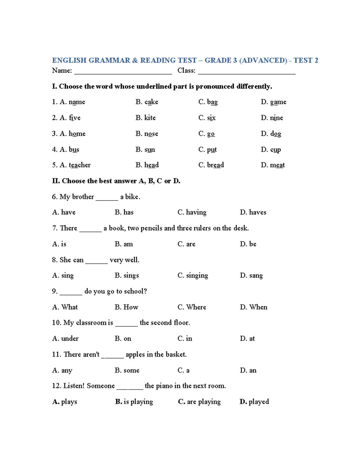 Grade 3 Advanced English Grammar Reading Test 2 - Studocu