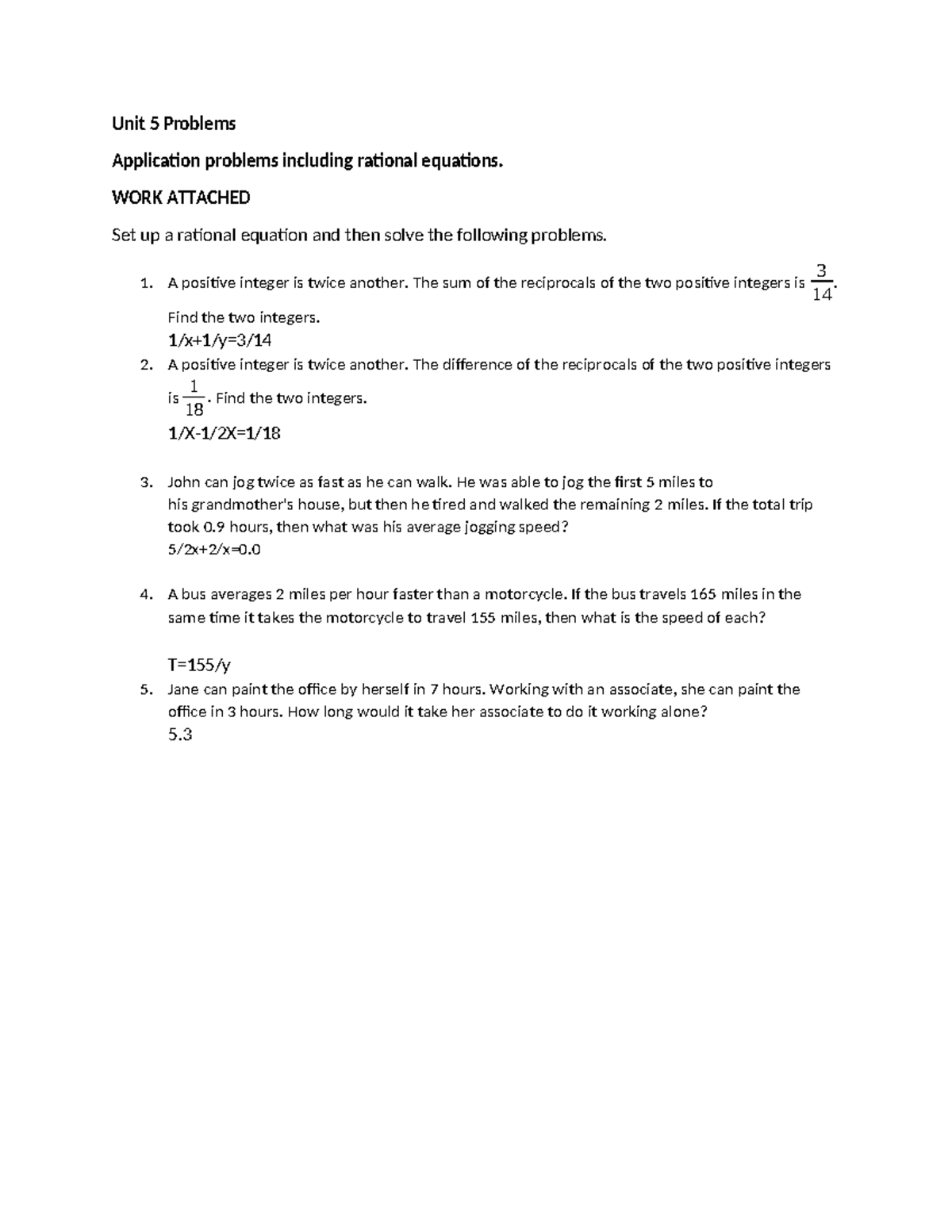 Unit 5 Problems: Application of Rational Equations - Math - Studocu