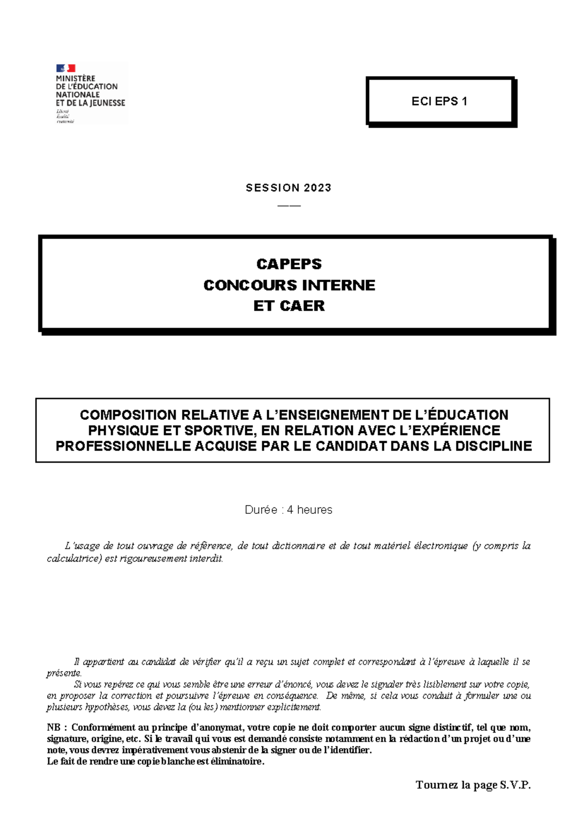 ECI EPS 1 Sujet CAPEPS Interne 2023 - Physique et Sportive - Studocu