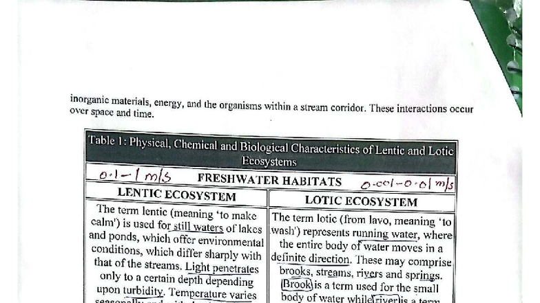CS Lentic and Lotic Ecosystems: Interactions and Characteristics - Studocu