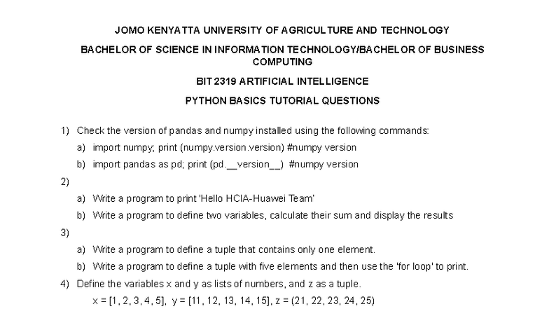 BIT 2319 Python Basics Tutorial Questions for AI Course - Studocu