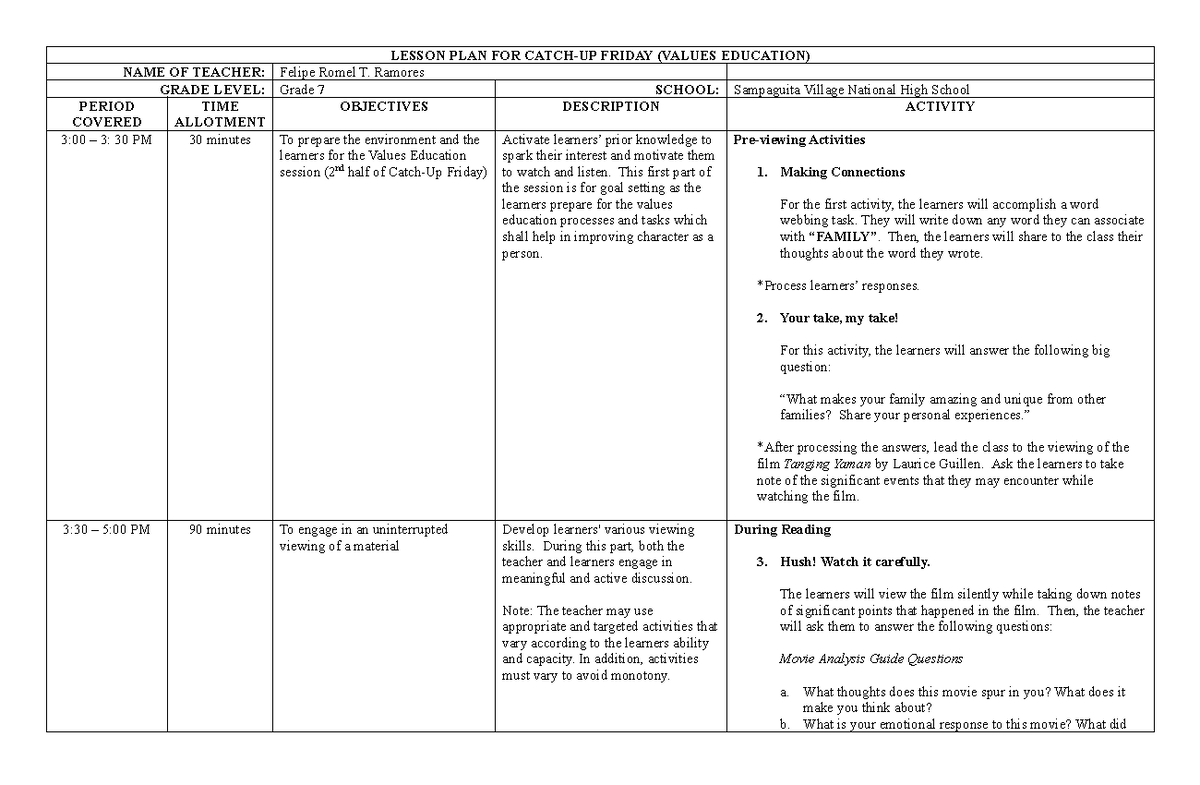 LESSON PLAN FOR VALUES EDUCATION (Grade 7) - 2nd Half Friday - Studocu