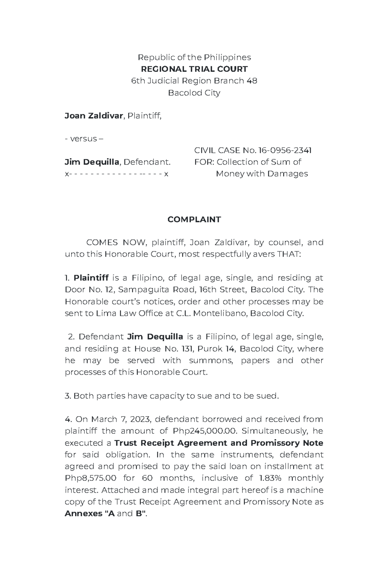 Civil Complaint for Collection of Money - Civil Case No. 16-0956 - Studocu