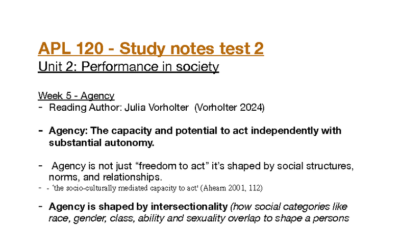 APL 120 Study Notes: Test 2 - Agency & Perception in Society - Studocu