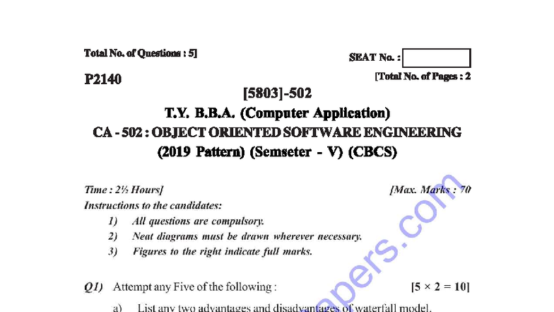 B.B.A. CA 502: Object Oriented Software Engineering Exam - April 2022 ...