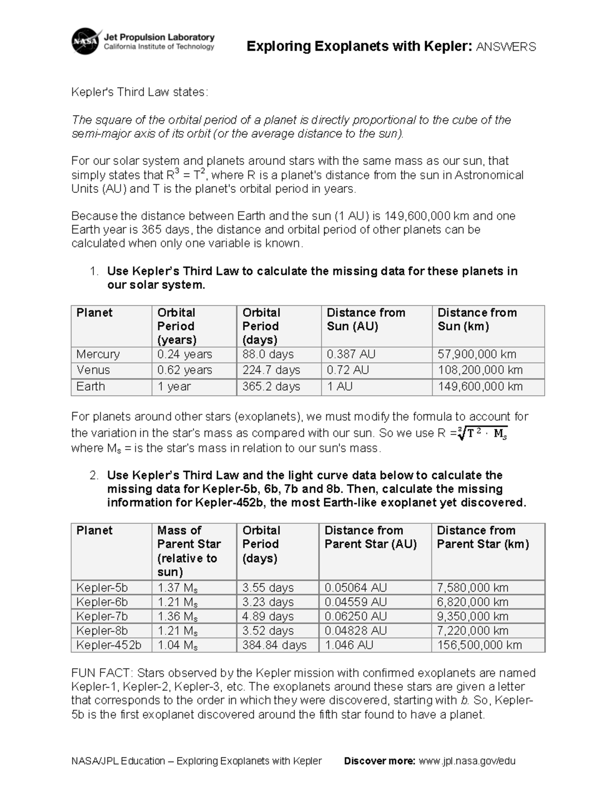 Exoplanets worksheet - how to make a planet - Exploring Exoplanets with Kepler: ANSWERS NASA/JPL ...