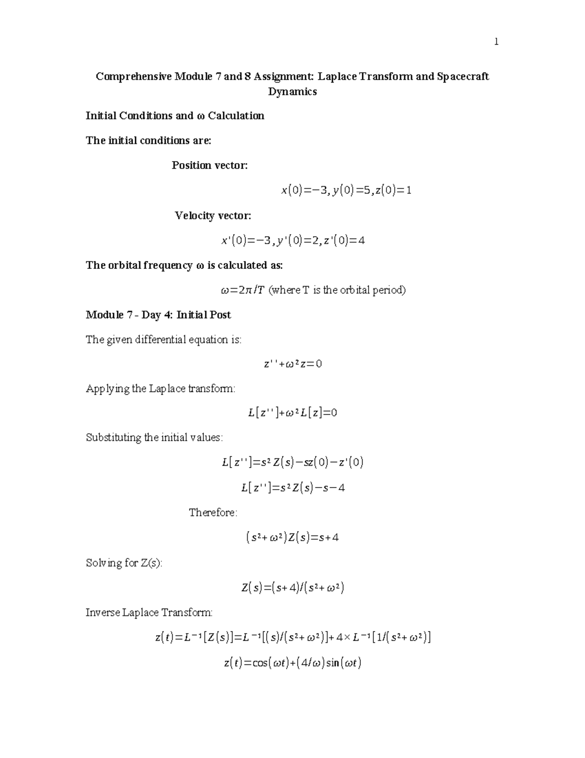 Module 7 & 8 Assignment: Laplace Transform & Spacecraft Dynamics - Studocu
