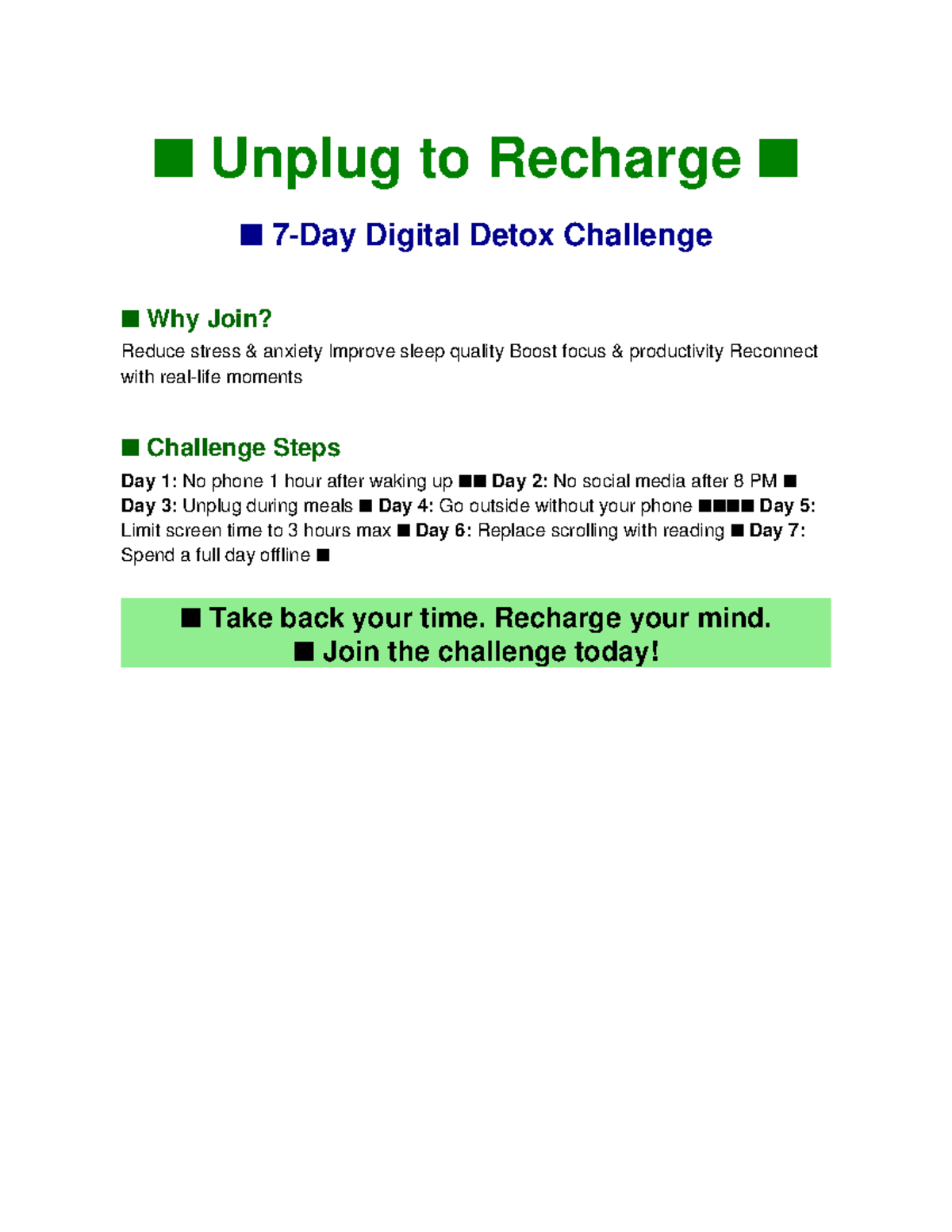 Digital Detox Flyer - Project - n Unplug to Recharge n n 7-Day Digital ...