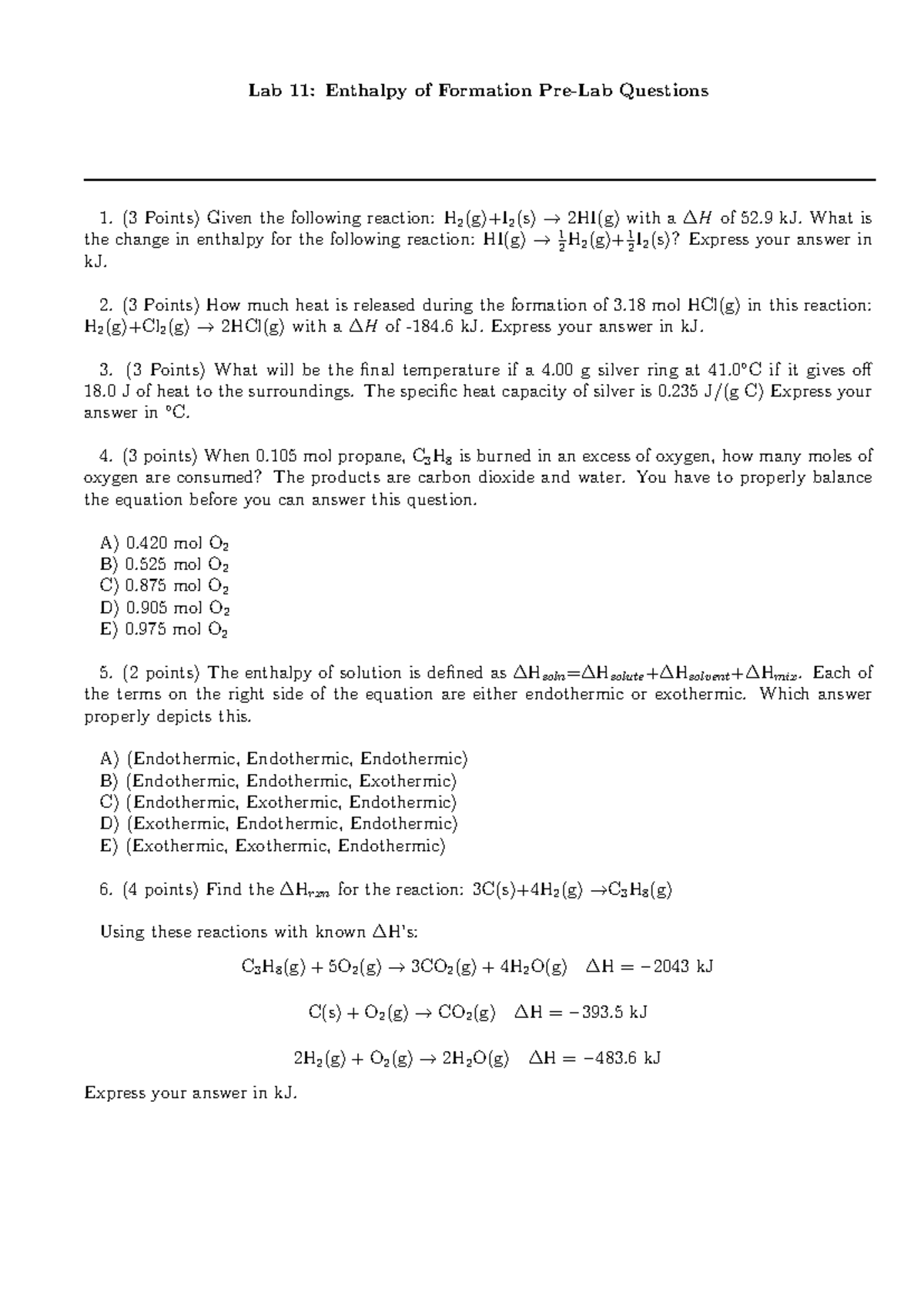 Lab 11: Enthalpy of Formation Pre-Lab Questions and Solutions - Studocu