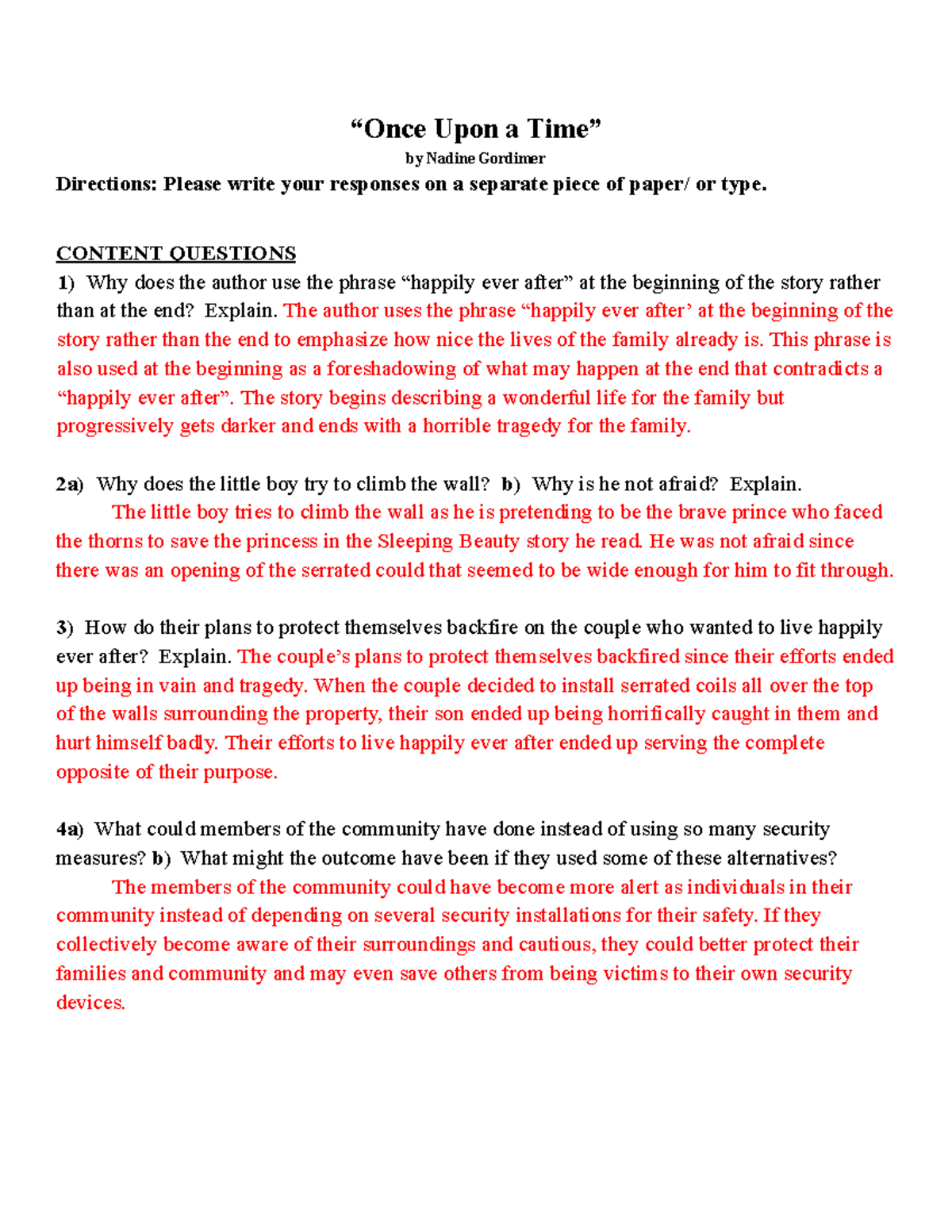 “Once Upon a Time” Reading Questions - “Once Upon a Time” by Nadine ...