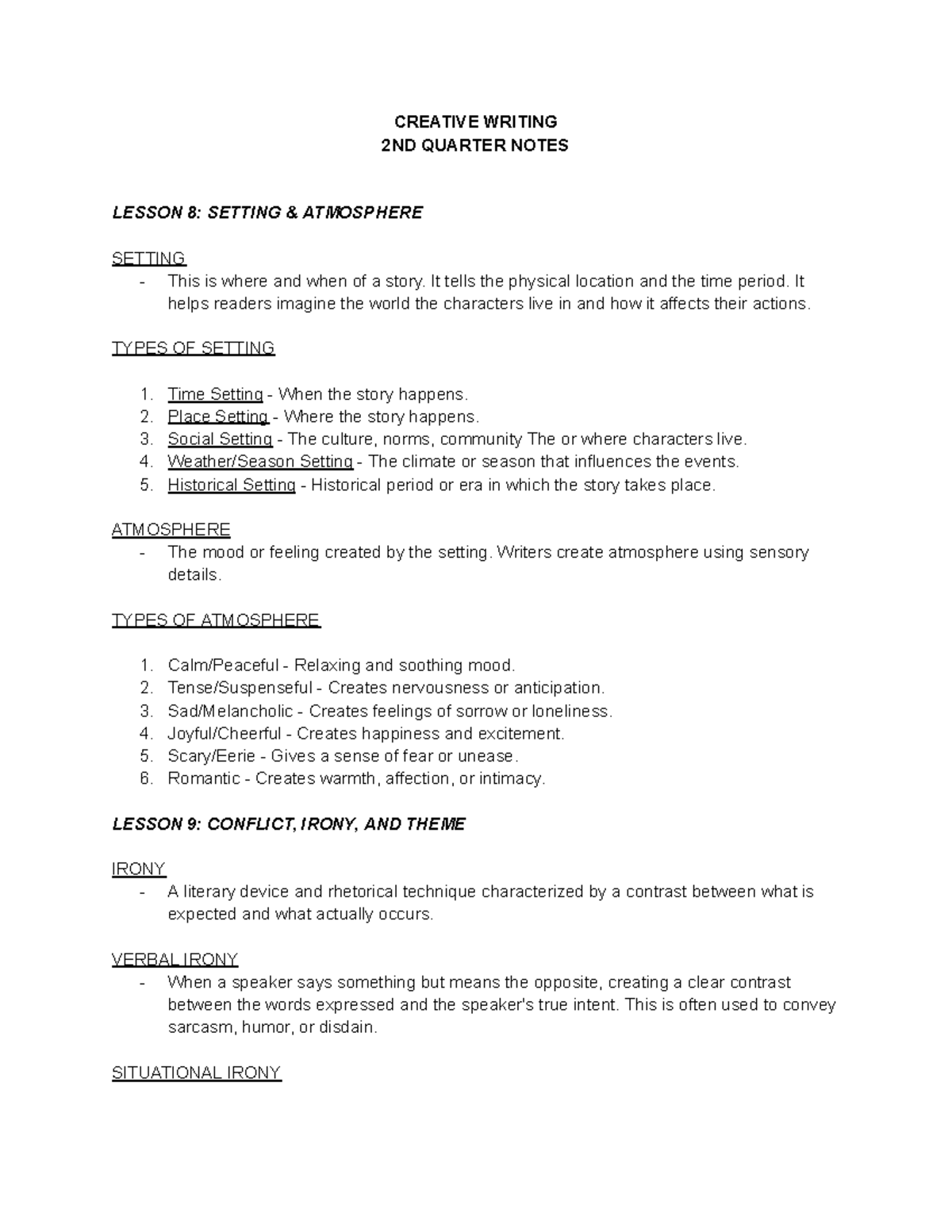 CREATIVE WRITING 2ND QUARTER NOTES: SETTING, ATMOSPHERE & CONFLICT ...