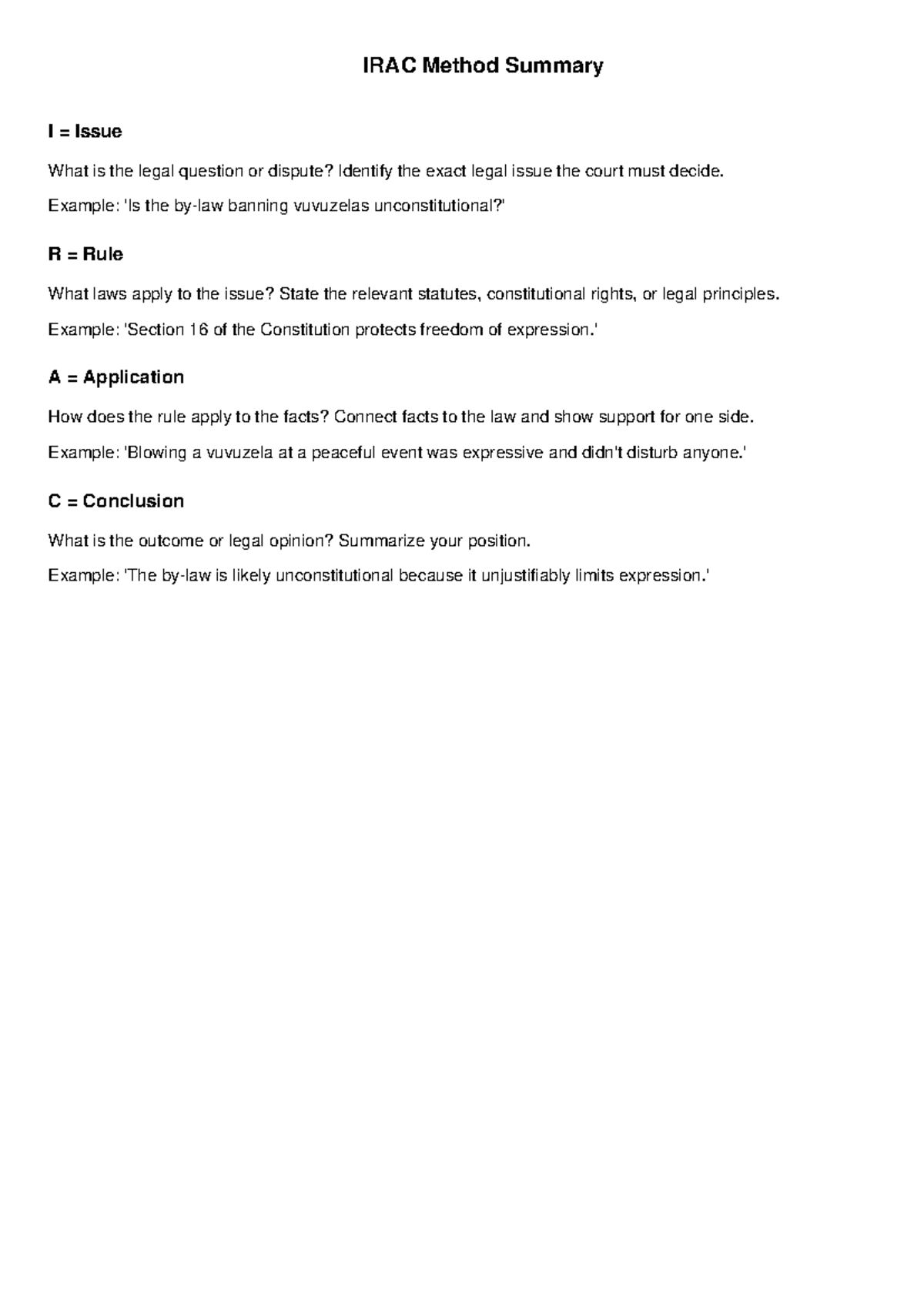 IRAC Method Summary: Legal Analysis Framework for Case Studies - Studocu