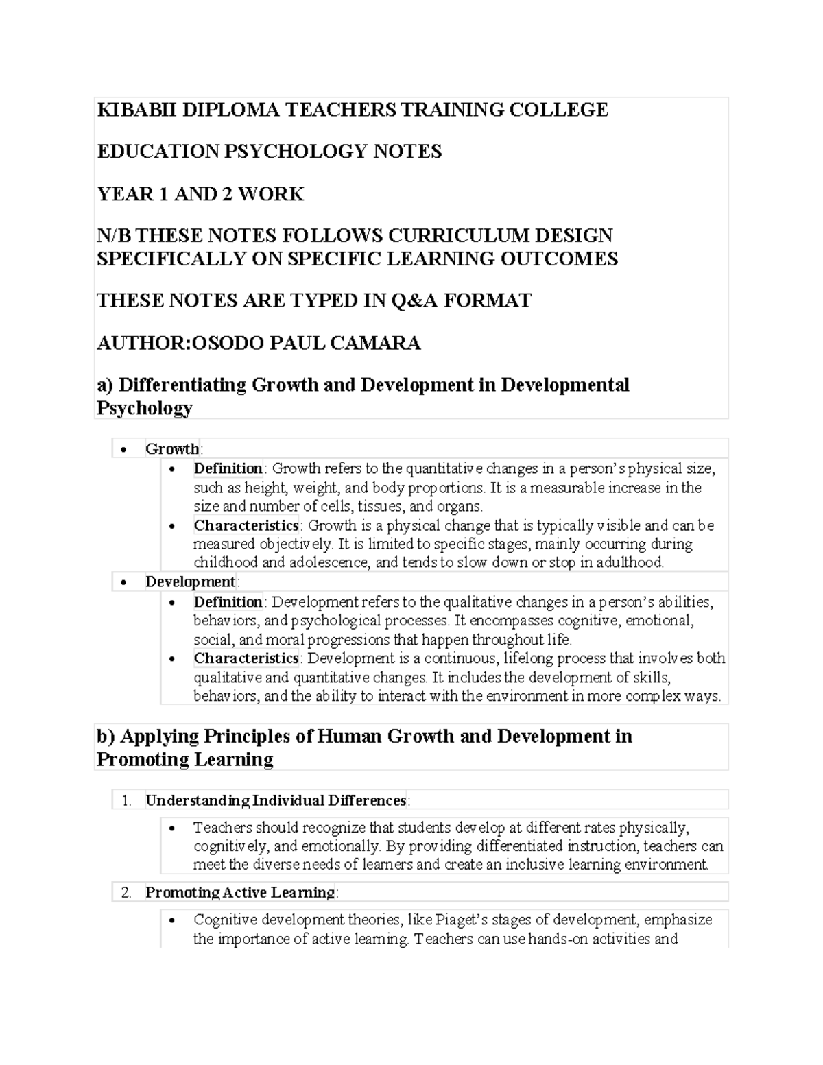 KIBABII DITTC Education Psychology Notes for Years 1 & 2 - Studocu