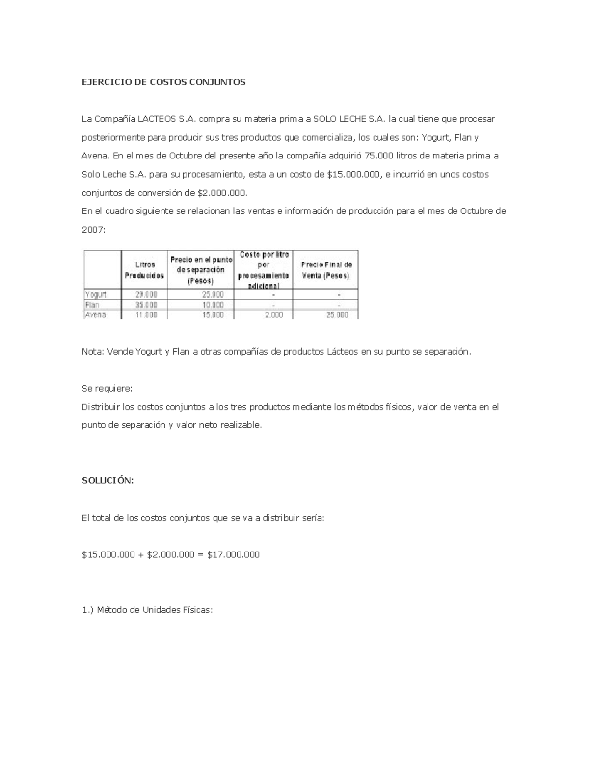 Ejercicios de costos conjuntos - EJERCICIO DE COSTOS CONJUNTOS La Compañía LACTEOS S. compra su ...