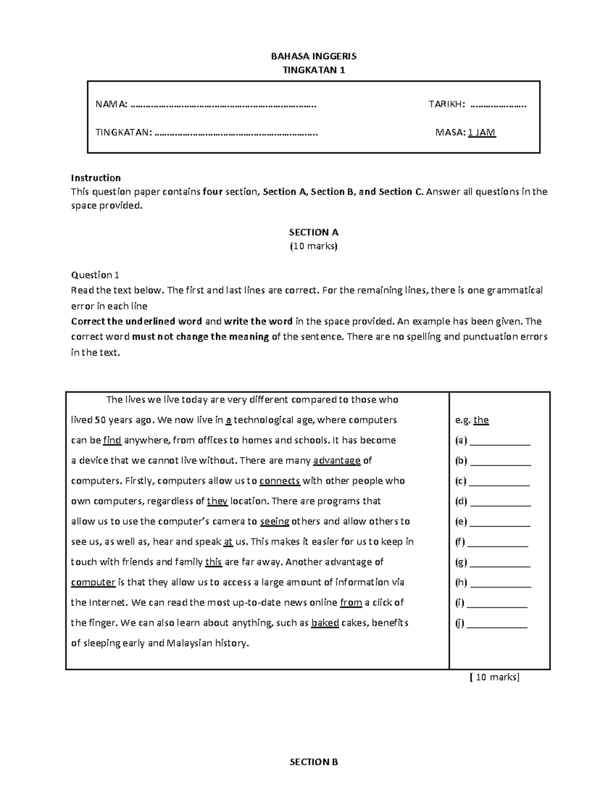 Ujian Akhir Tahun KSSM Bahasa Inggeris Tingkatan 1 Set 4 - Studocu