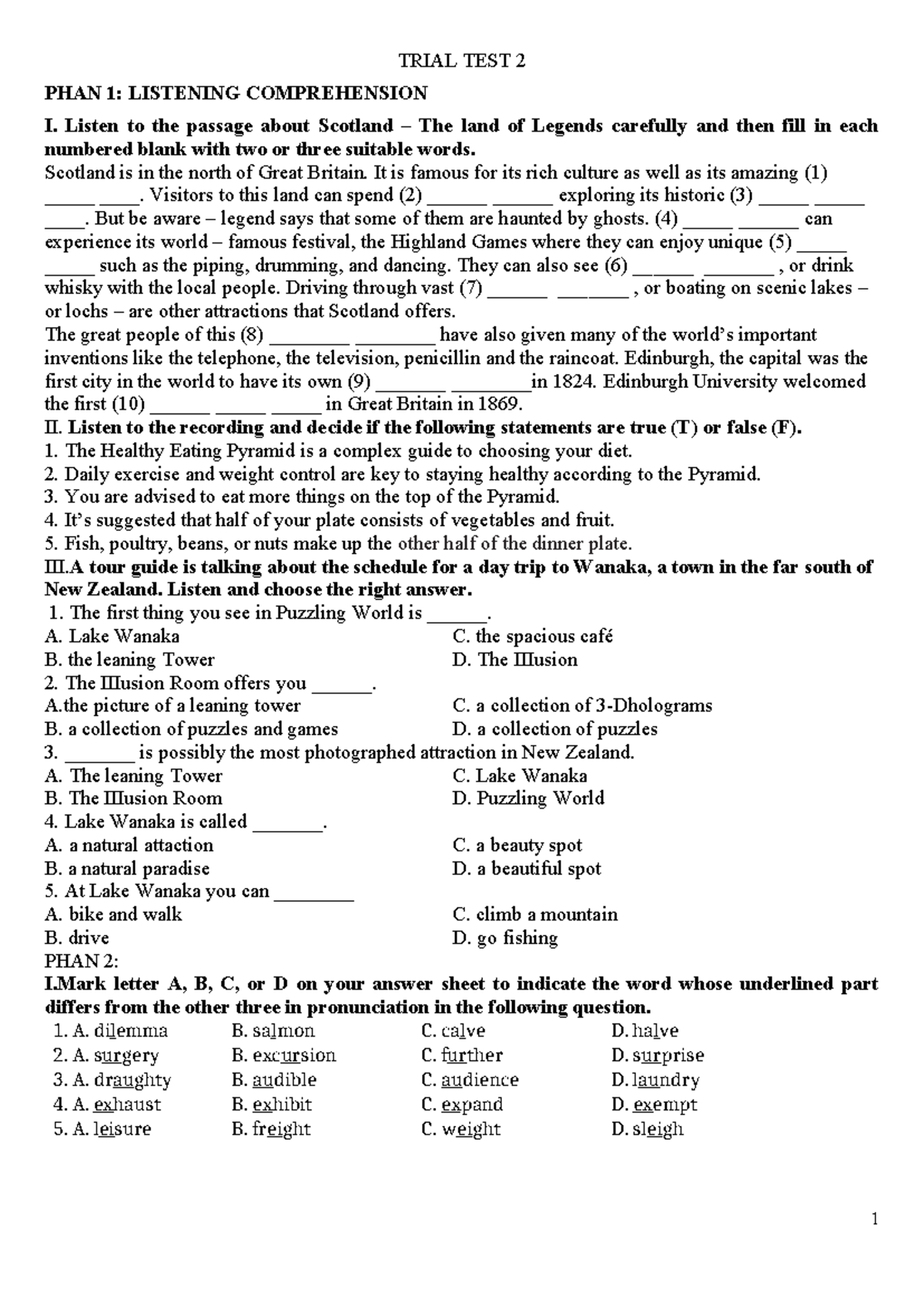 Trial Test 2: Listening, Reading & Vocabulary Practice - PHAN 1-4 - Studocu