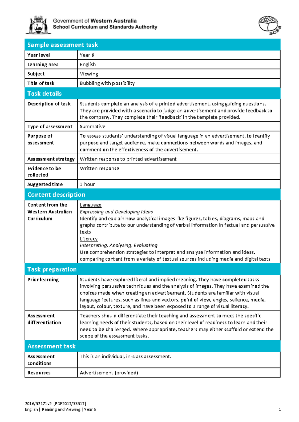 English Viewing Year 6: Sample Assessment Task on Advert Analysis - Studocu
