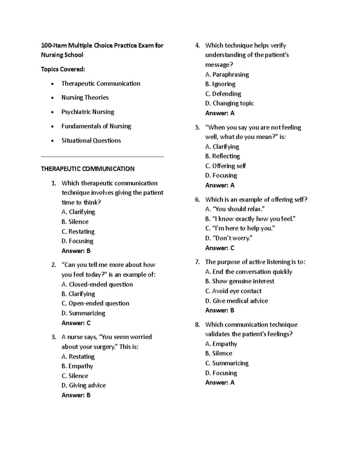 NUR 100 Final Exam: Multiple Choice Practice for Nursing Topics - Studocu