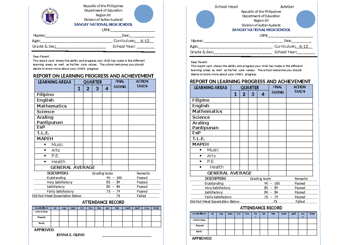 Report Card for Jonna S. Olino - Grade School - 1st Quarter - Studocu