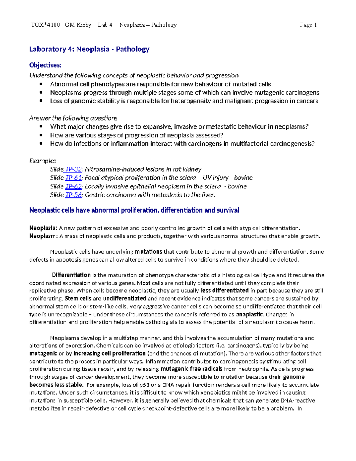 GM Kir Lab 4: Neoplasia Pathology Overview and Key Concepts - Studocu