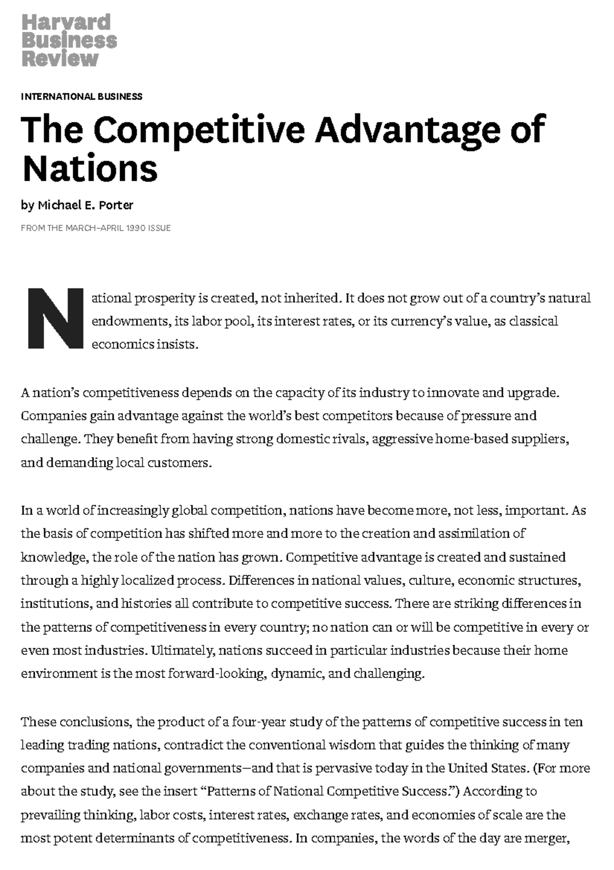 INTERNATIONAL BUSINESS: The Competitive Advantage of Nations (1990 ...