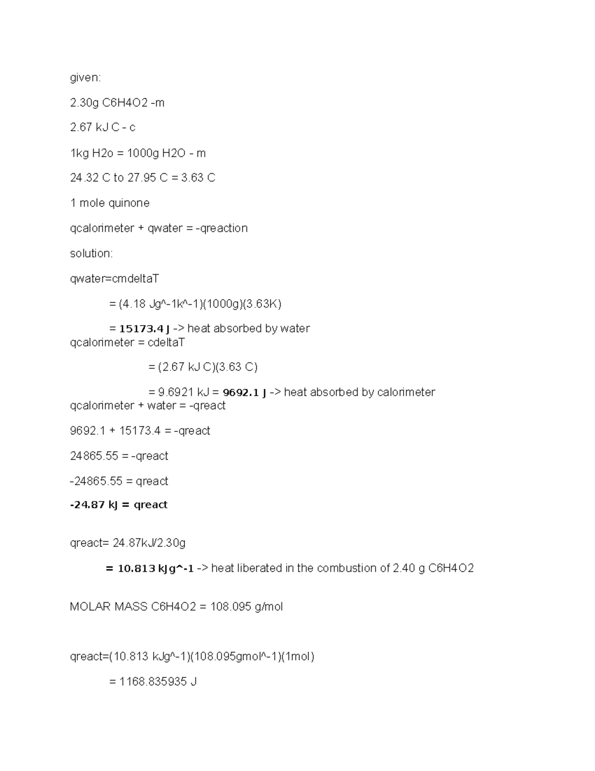 SRE2 - Calorimetry Notes on C6H4O2 Combustion - Studocu