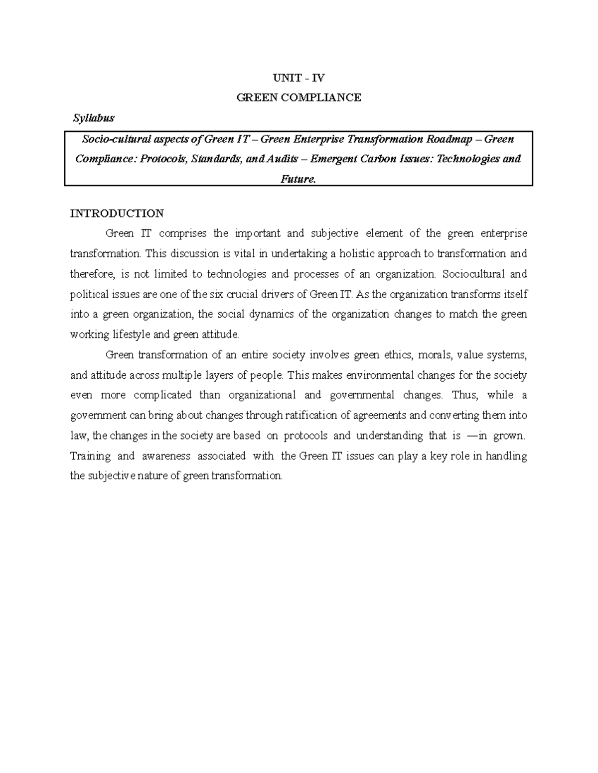 UNIT IV - Green Compliance Notes: Key Concepts and Social Impacts - Studocu