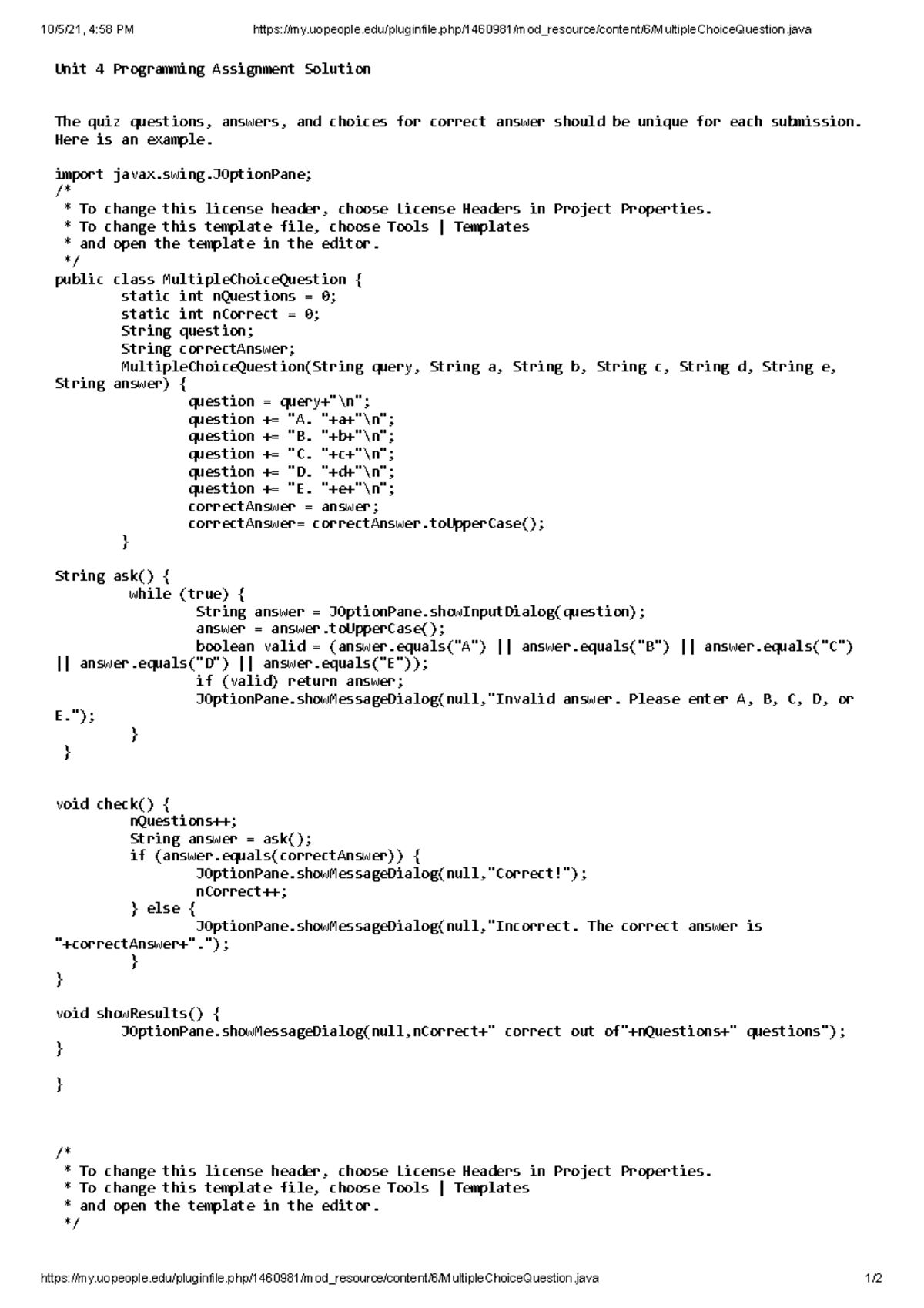 CS 1102 - Unit 4 Programming Assignment: Quiz Java Code Solution - Studocu