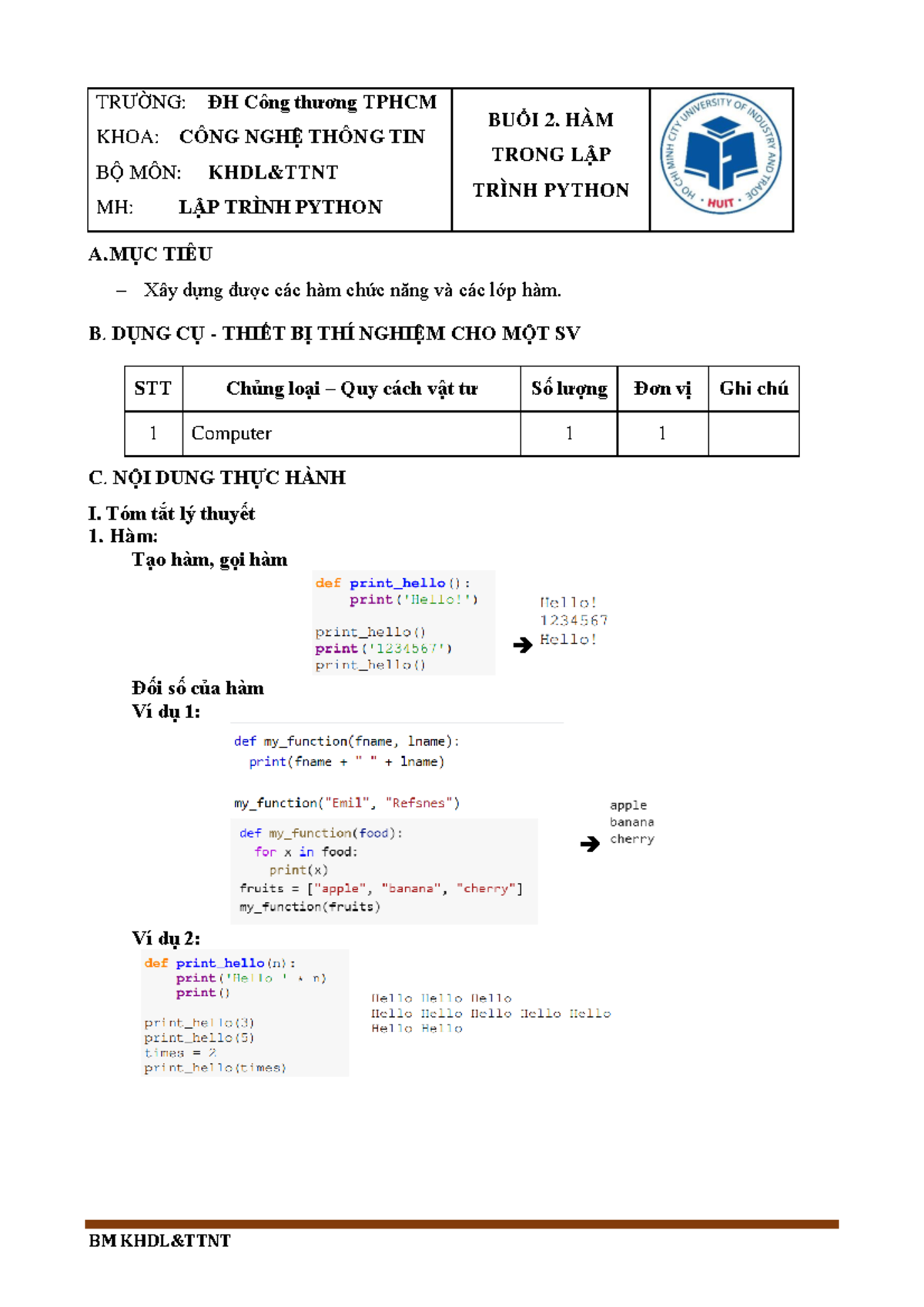 Ham trong Python - TRƯỜNG: ĐH Công thương TPHCM KHOA: CÔNG NGHỆ THÔNG ...