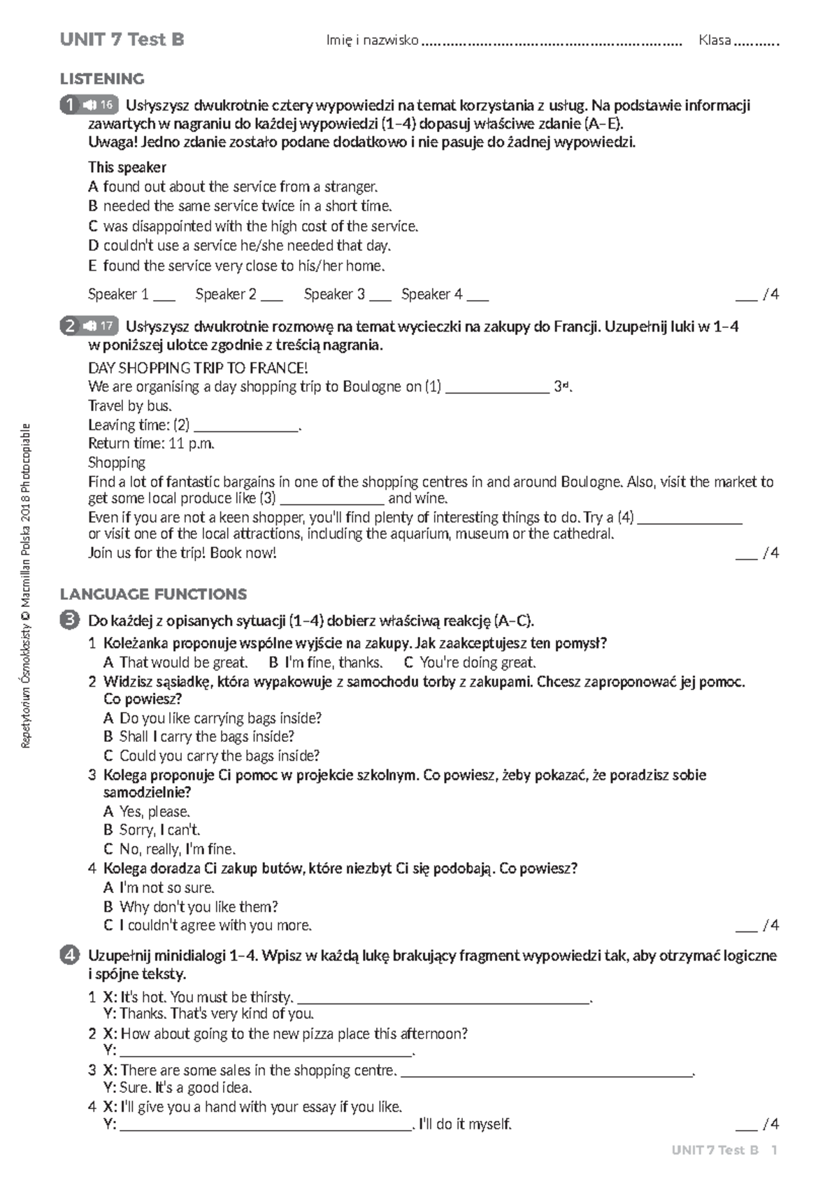 [Unit 7] Test B - Listening and Reading Comprehension Practice - Studocu
