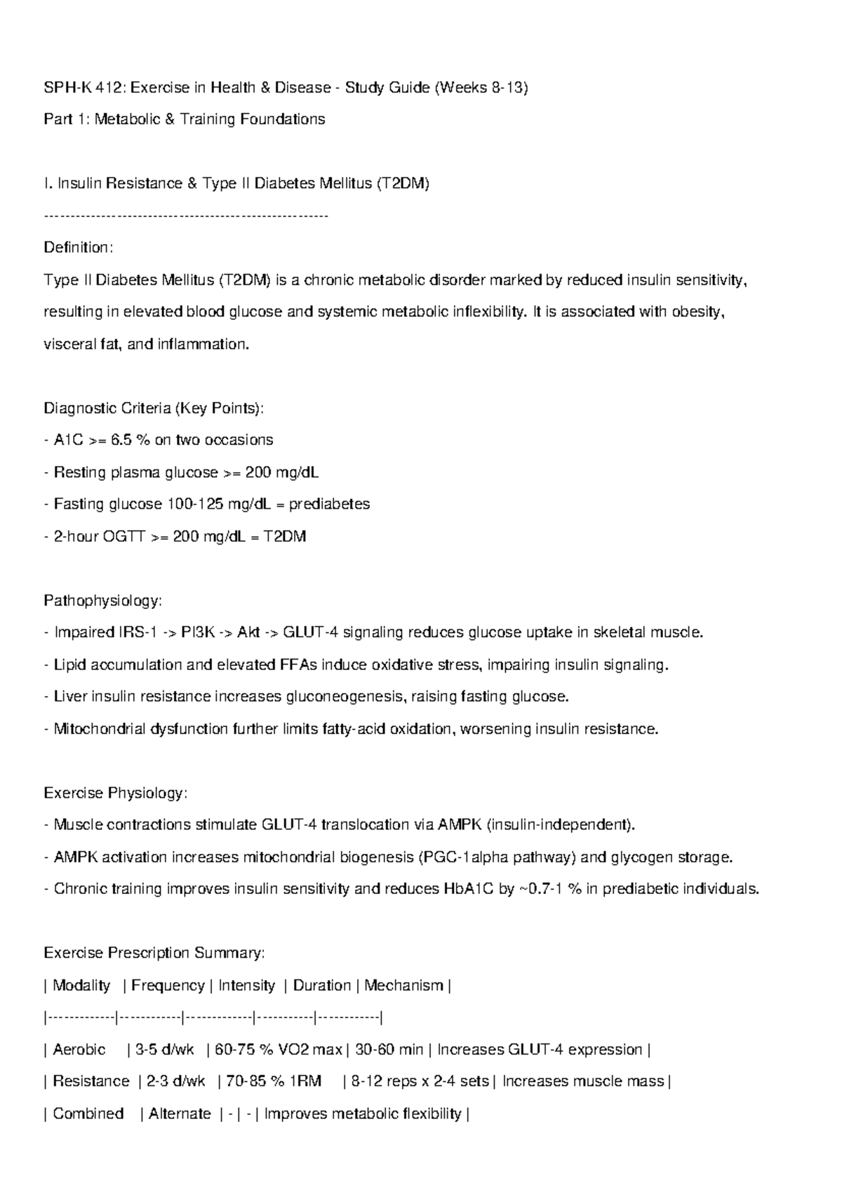 SPH-K412: Exercise in Health Disease Study Guide - T2DM & Training ...