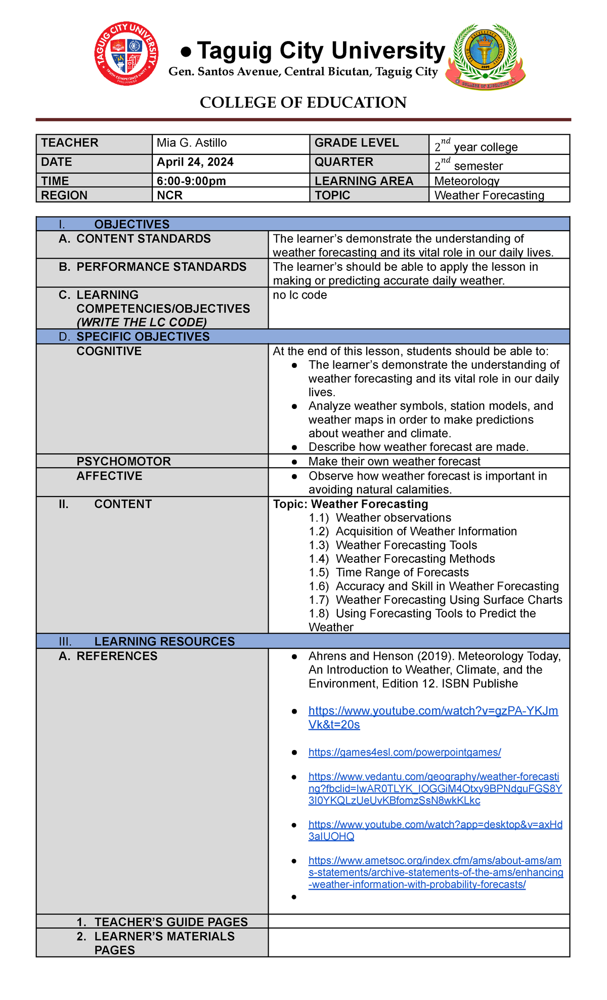 DEMO Teaching Lesson PLAN - Taguig City University Gen. Santos Avenue ...