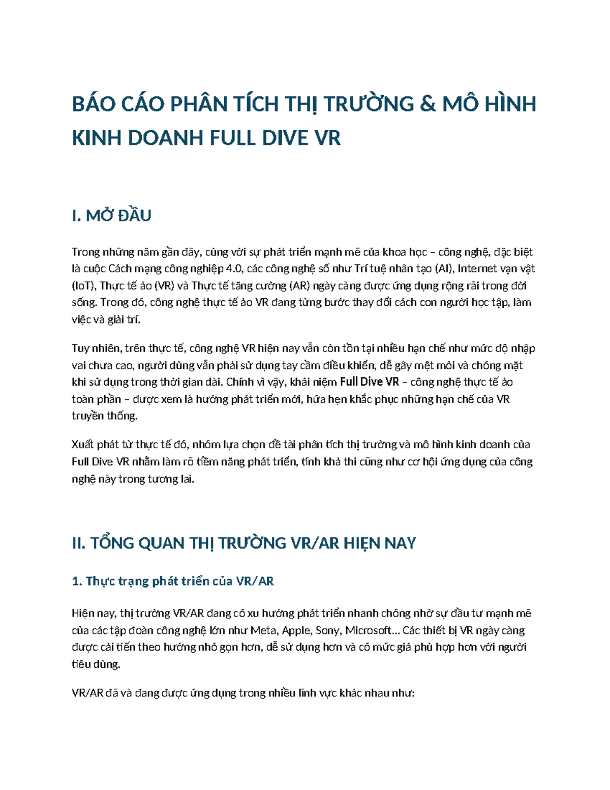 Phân Tích Thị Trường & Mô Hình Kinh Doanh Full Dive VR - Studocu