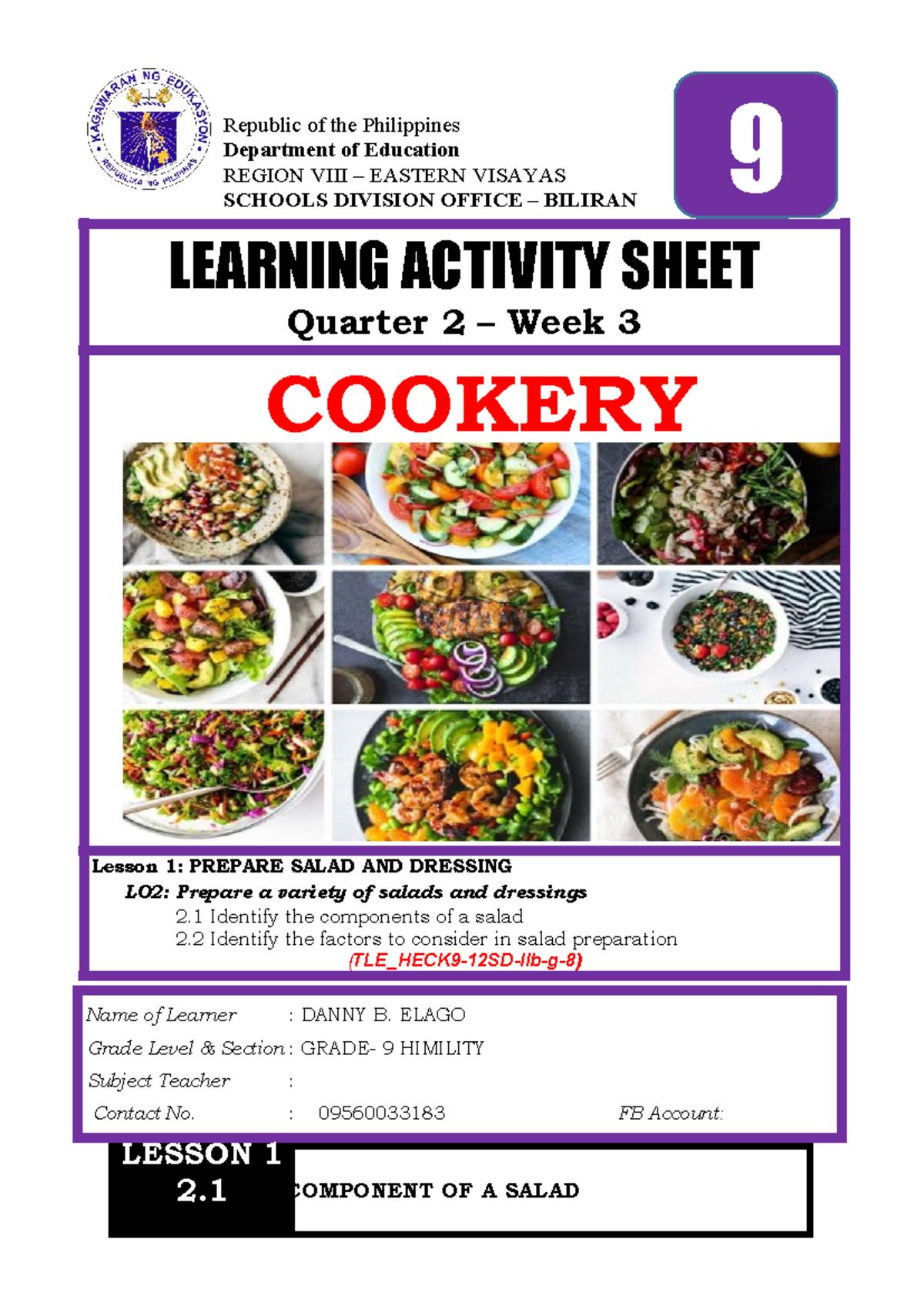 TLE_HECK9-12SD-IIb-g-8 Lesson on Salad Preparation and Components - Studocu