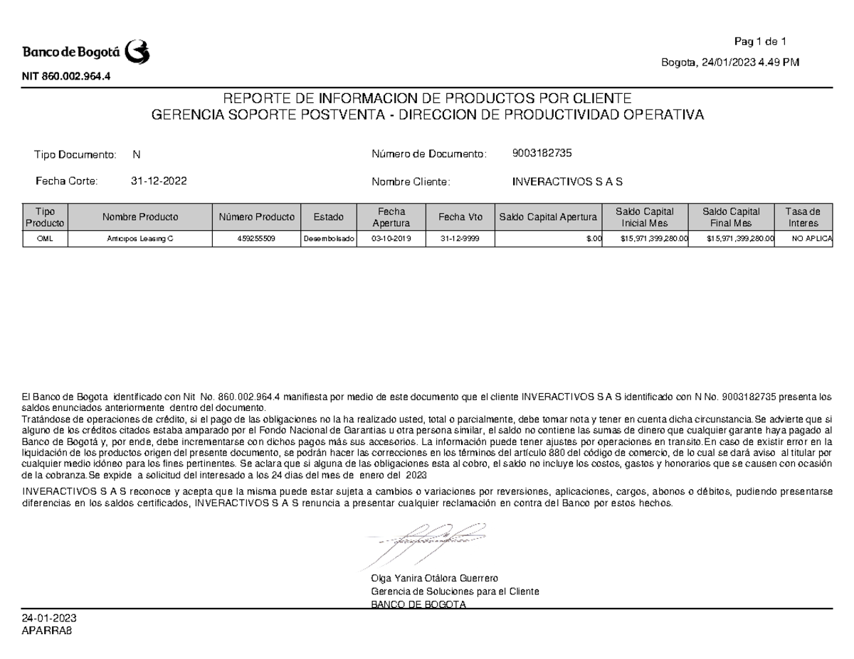 Informe de Saldo Capital - Cliente INVERACTIVOS S A S - 24/01/2023 ...