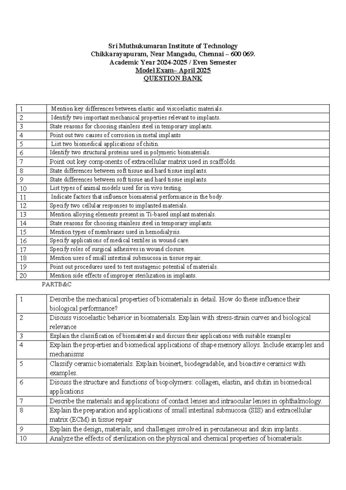 Model BM-QB: Comprehensive Question Bank on Biomaterials for April 2025 ...