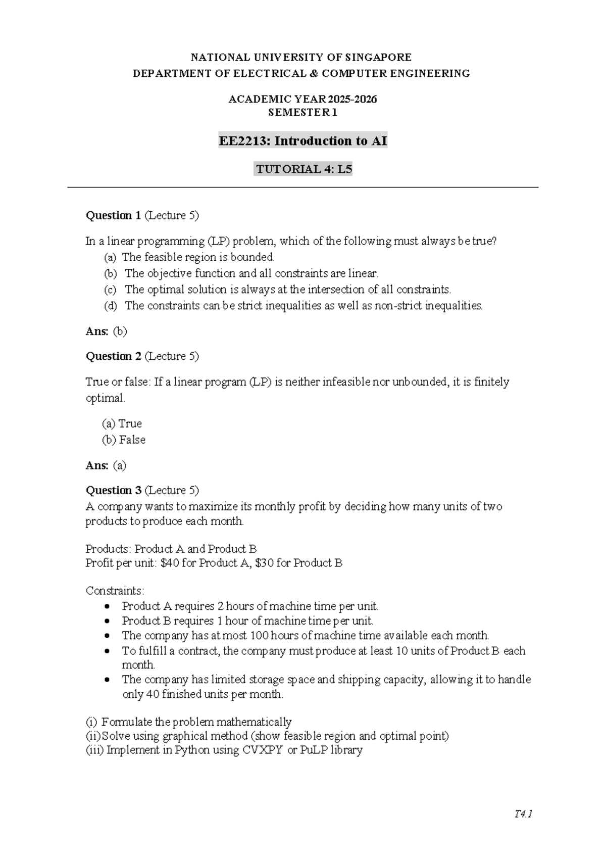 EE2213: AI Tutorial 4 - Linear Programming Questions and Solutions ...