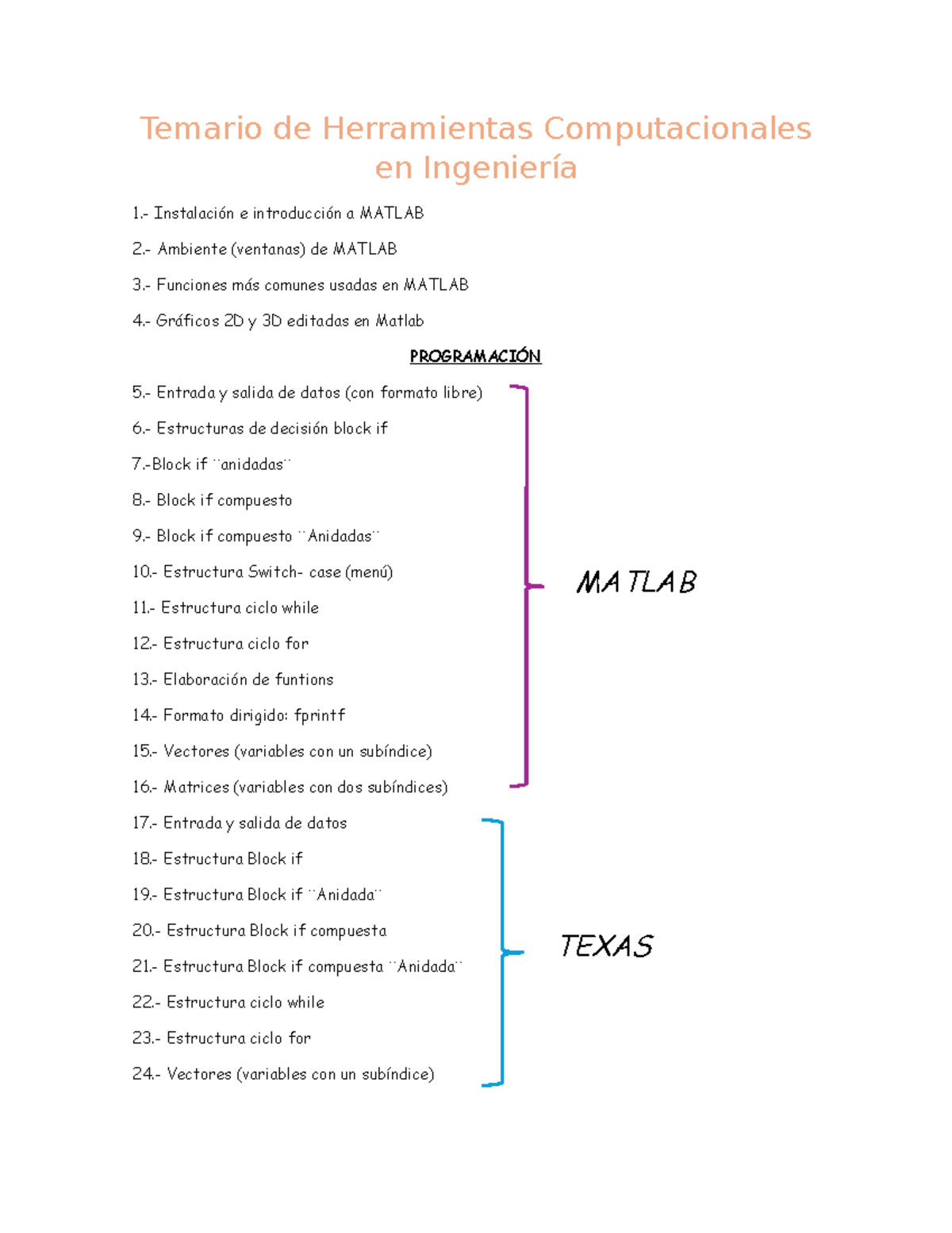 Temario de Herramientas Computacionales en Ingeniería - MATLAB TEXAS - Studocu