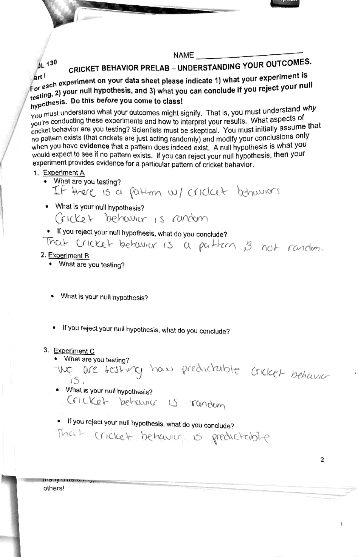 BIOL 130 Pre-Lab 5: Understanding Cricket Behavior and Outcomes - Studocu