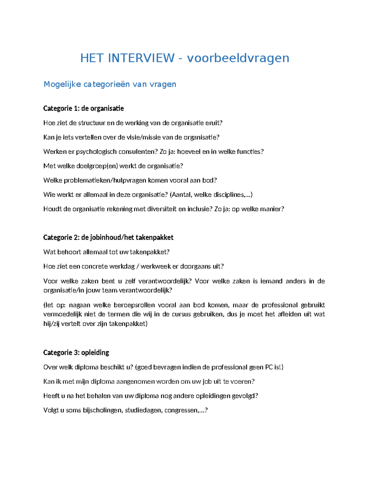Voorbeeld interviewvragen - HET INTERVIEW - voorbeeldvragen Mogelijke ...
