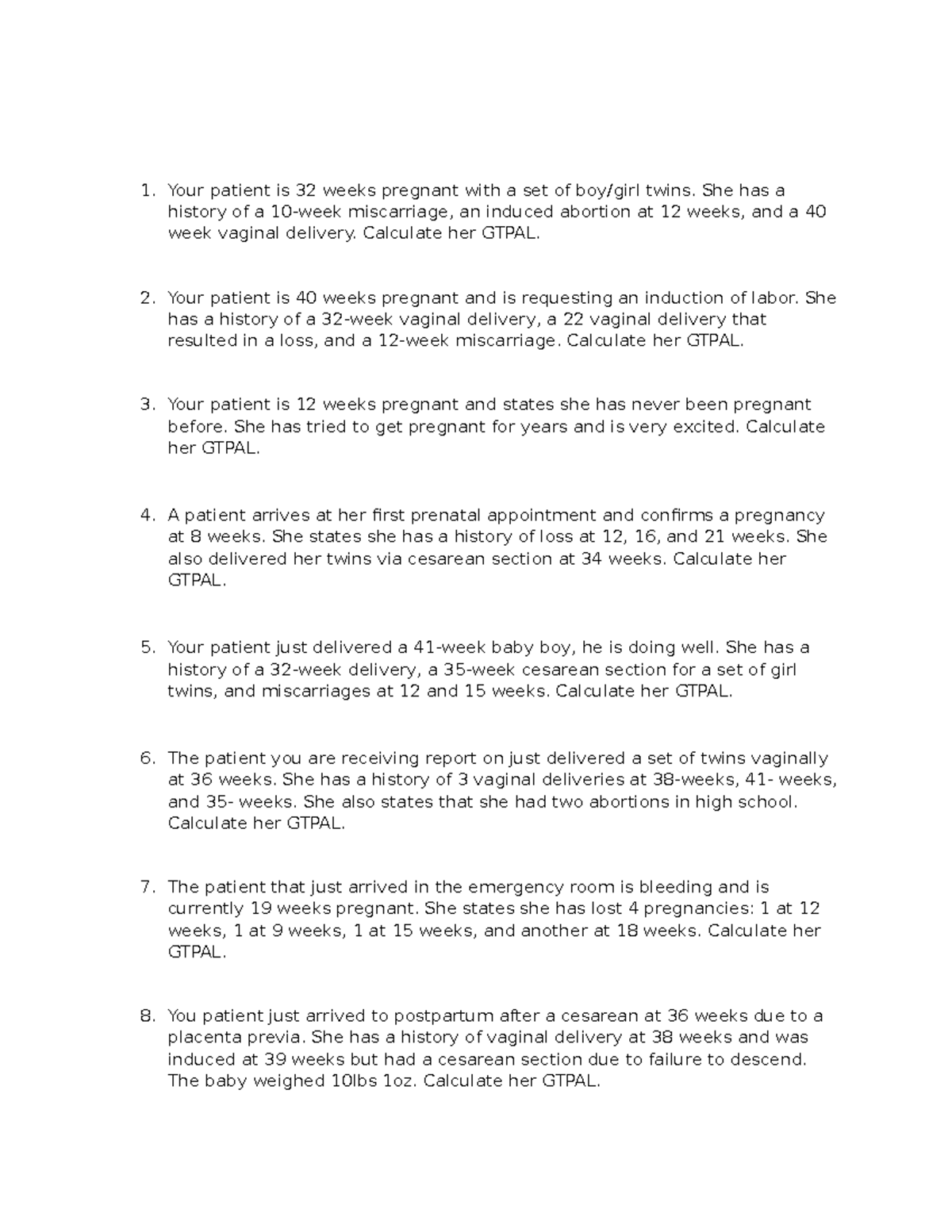 GTPAL Calculation Practice #2 for Obstetrics Students - Studocu