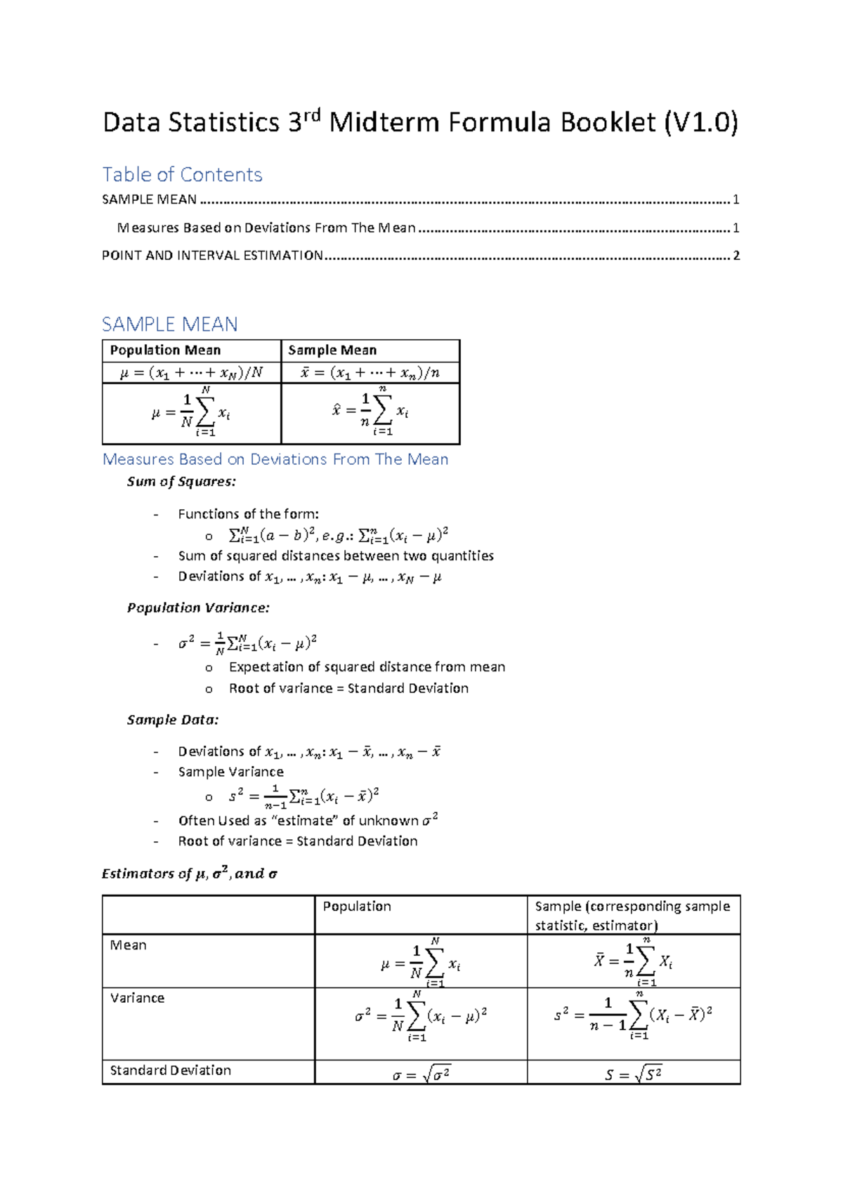 Data Statistics MTD Exam Formula Booklet V1.0 for 3rd Exam - Studeersnel