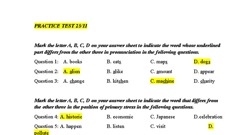 Practice Test 25: Pronunciation, Stress, and Grammar Questions - Studocu
