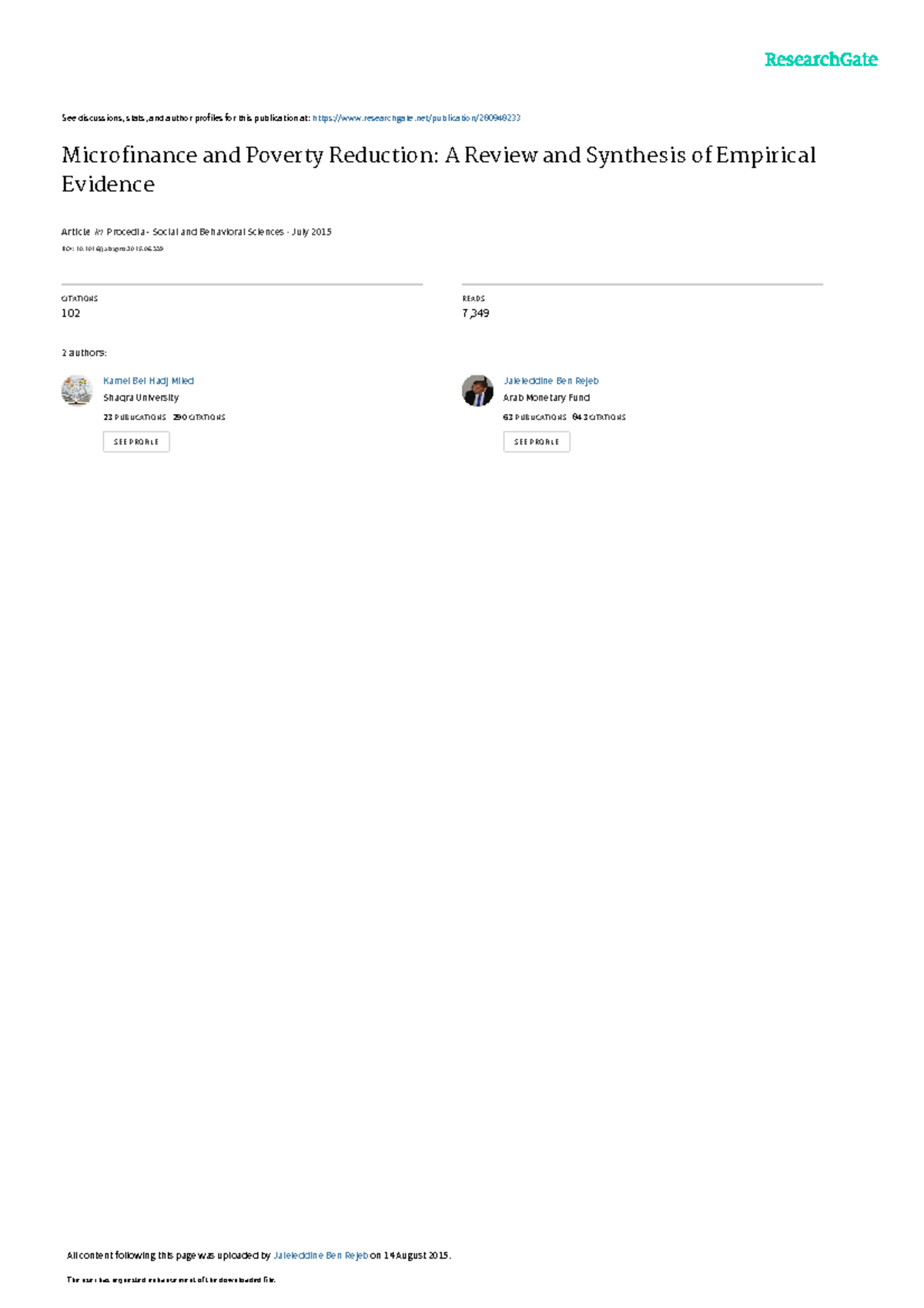 Microfinance and Poverty Reduction: Empirical Evidence Review (2015 ...