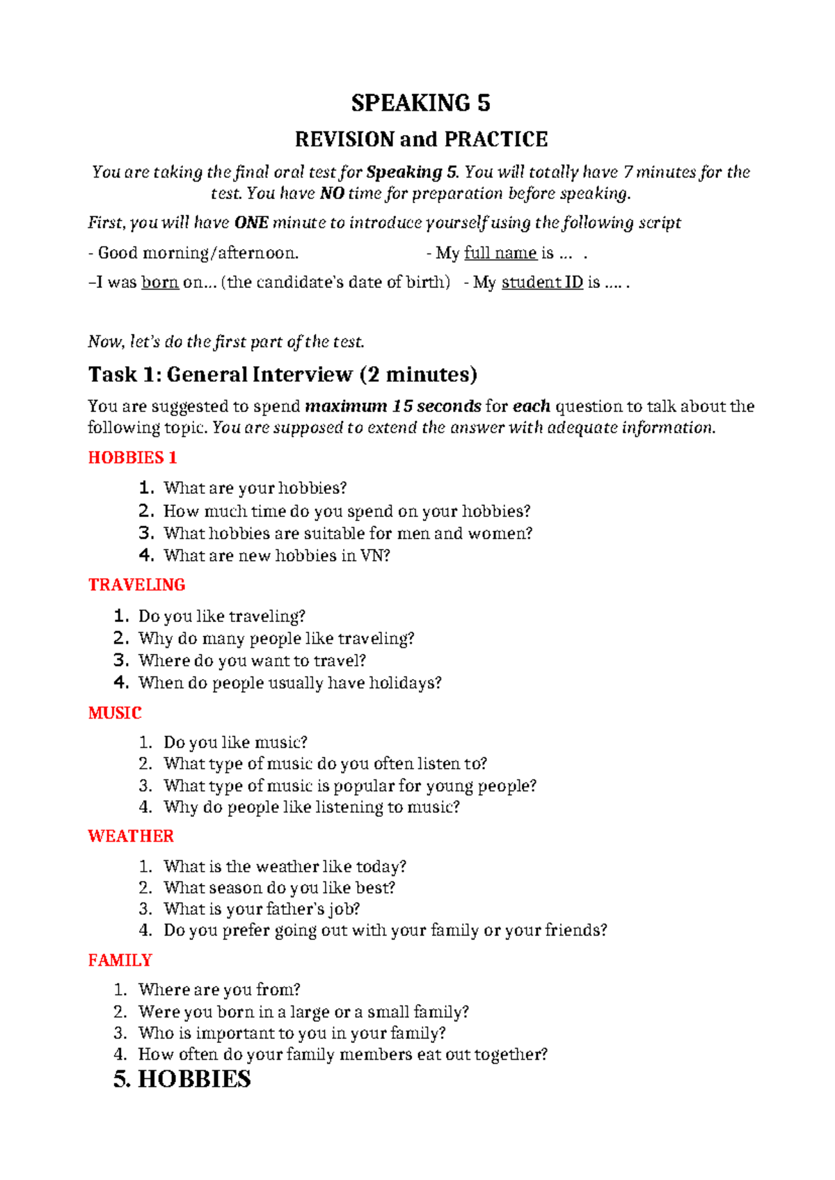 SPEAKING 5 FINAL ORAL TEST PREPARATION - ĐỀ CƯƠNG NÓI 5 - Studocu