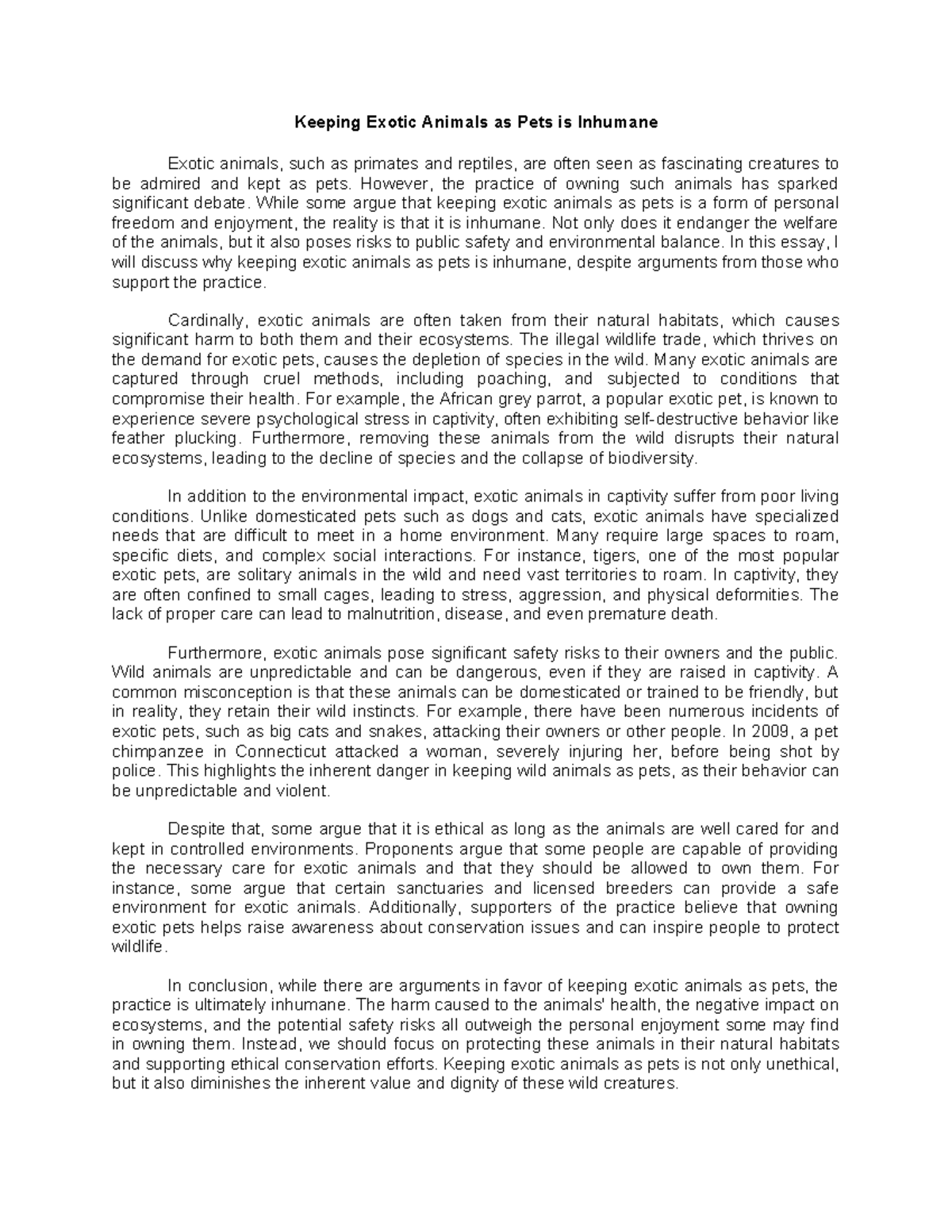 Keeping Exotic Animals as Pets: An Inhumane Practice Essay - Studocu
