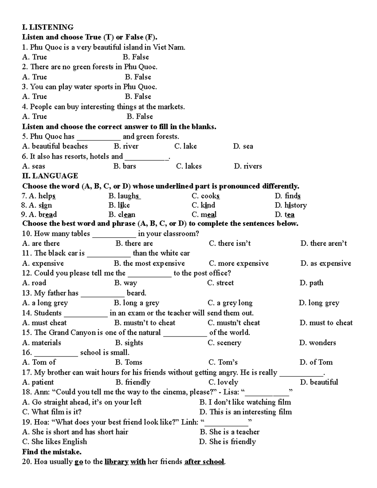 Listening and Language Practice: True/False & Multiple Choice Test (ENG ...